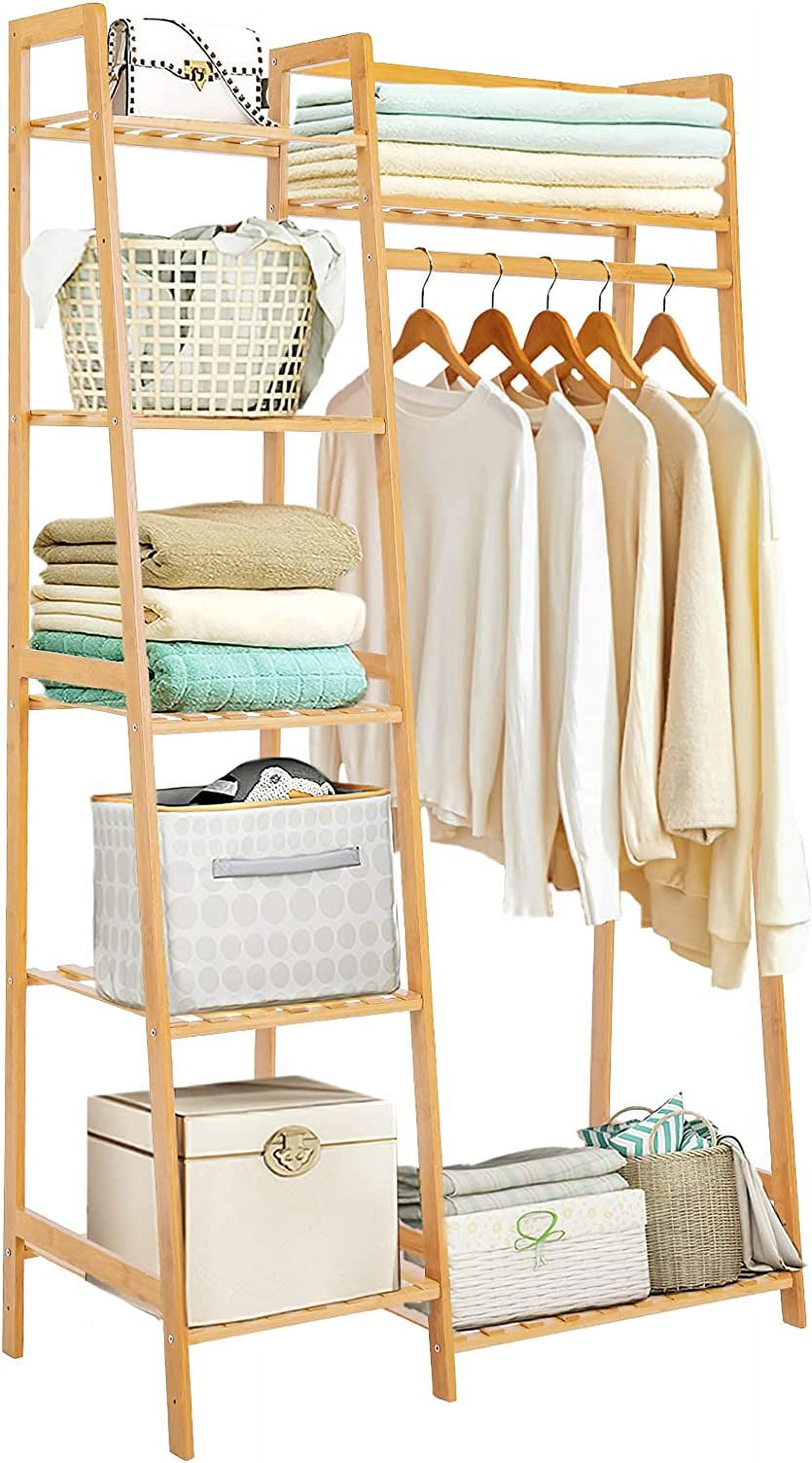 Bamboo Clothes Rack with 7 Tier Storage Shelves Clothing Hanging Stand ...