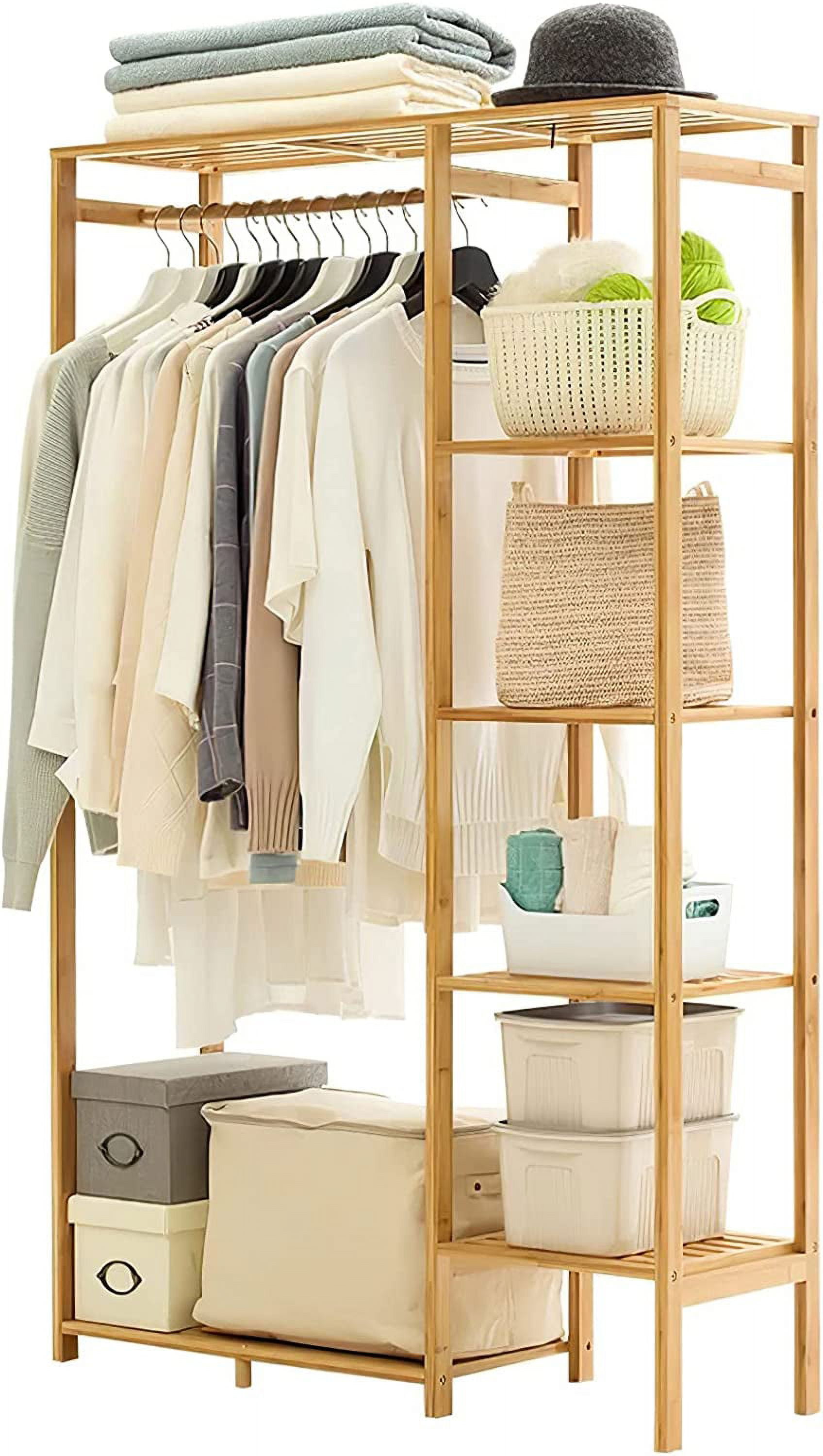 Bamboo Clothes Rack with 7 Tier Storage Shelves Clothing Hanging Stand ...