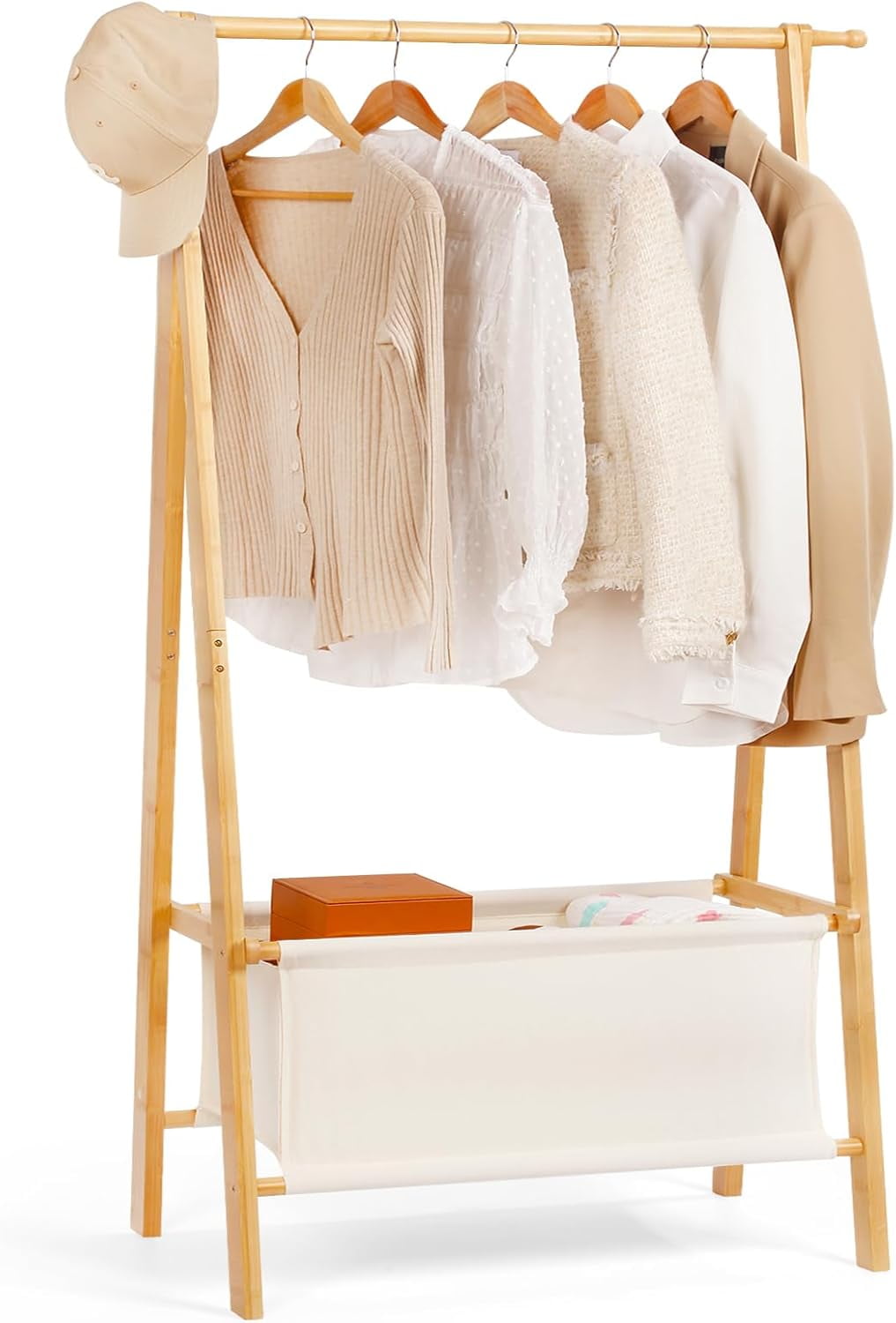 Bamboo Clothes Rack with Storage Box, Portable Extra Large Garment Rack ...