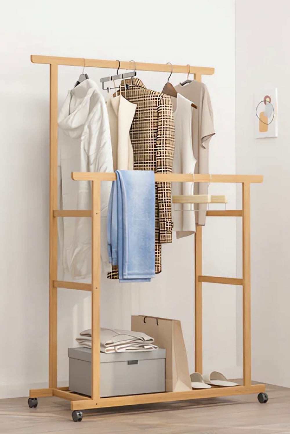 Bamboo Clothes Rail Rack Double Hanging Rails Clothes Rack on Wheels ...