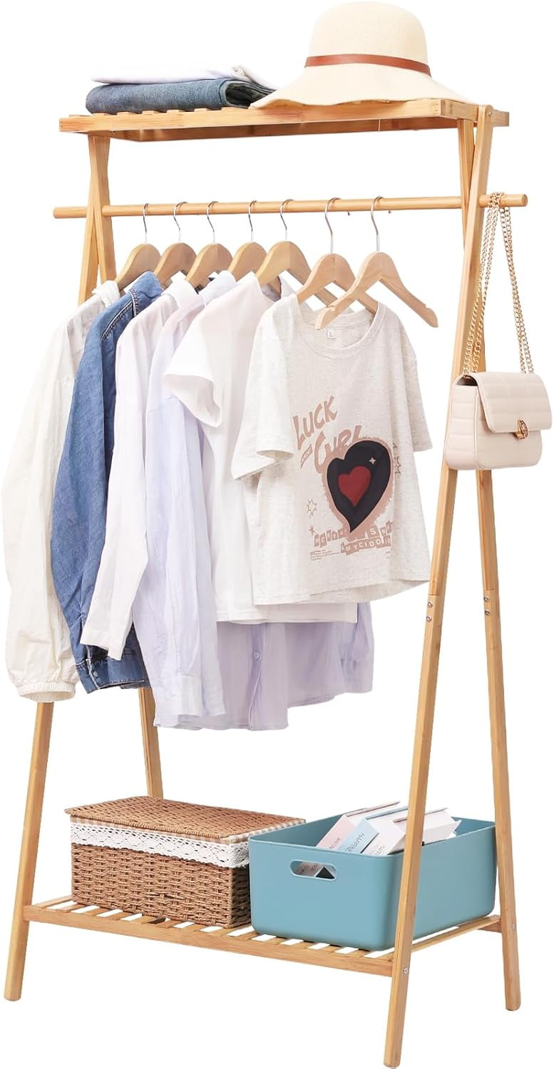 Bamboo Clothing Garment Rack with 2 Tier Storage Shelf Clohes Hanging ...