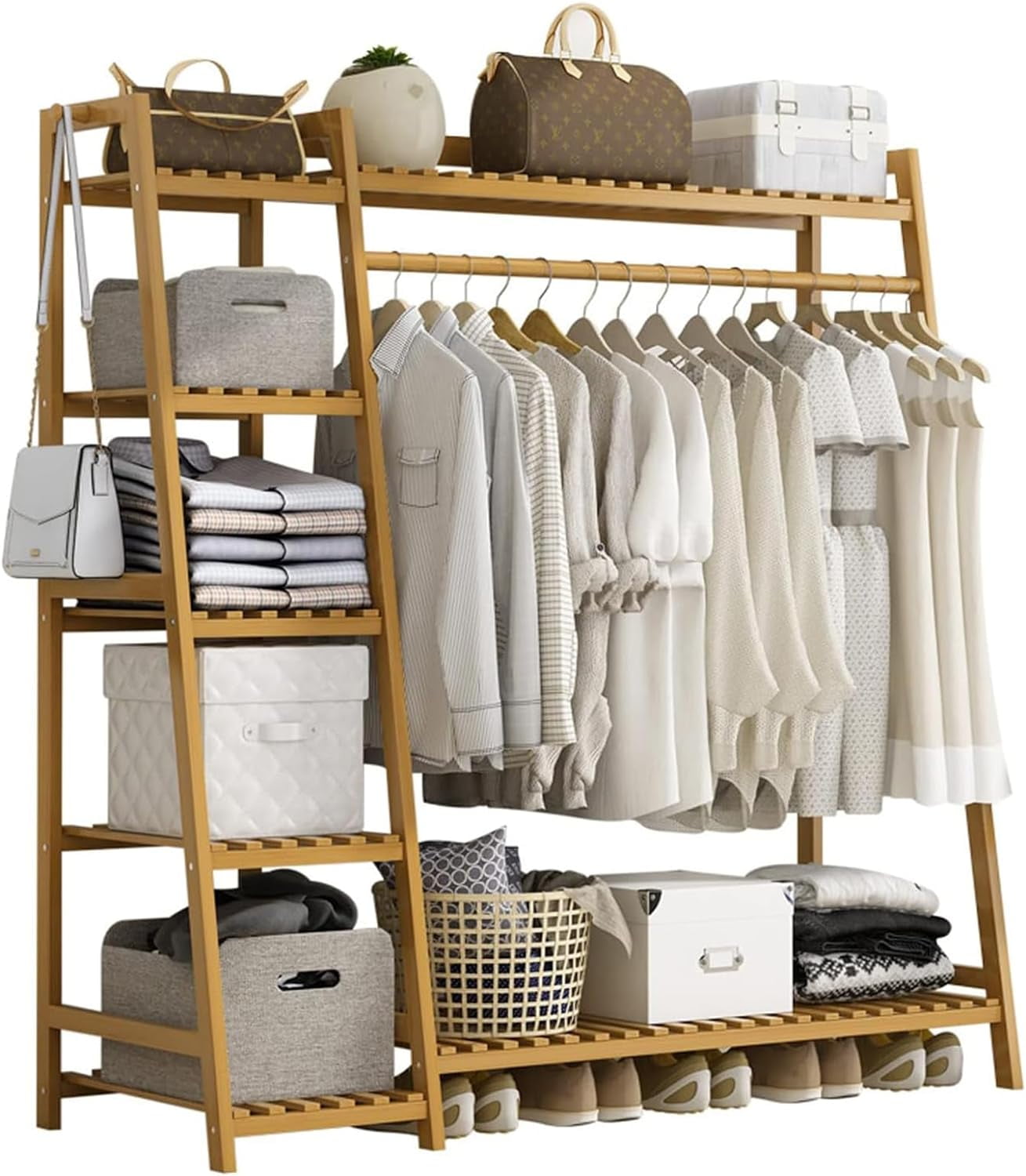 Bamboo Clothing Garment Rack 7 Tier Storage Shelf Coat Clothes Hanging ...