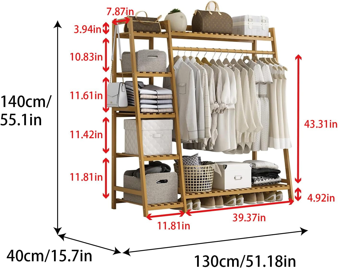 Bamboo Clothing Garment Rack 7 Tier Storage Shelf Coat Clothes Hanging ...