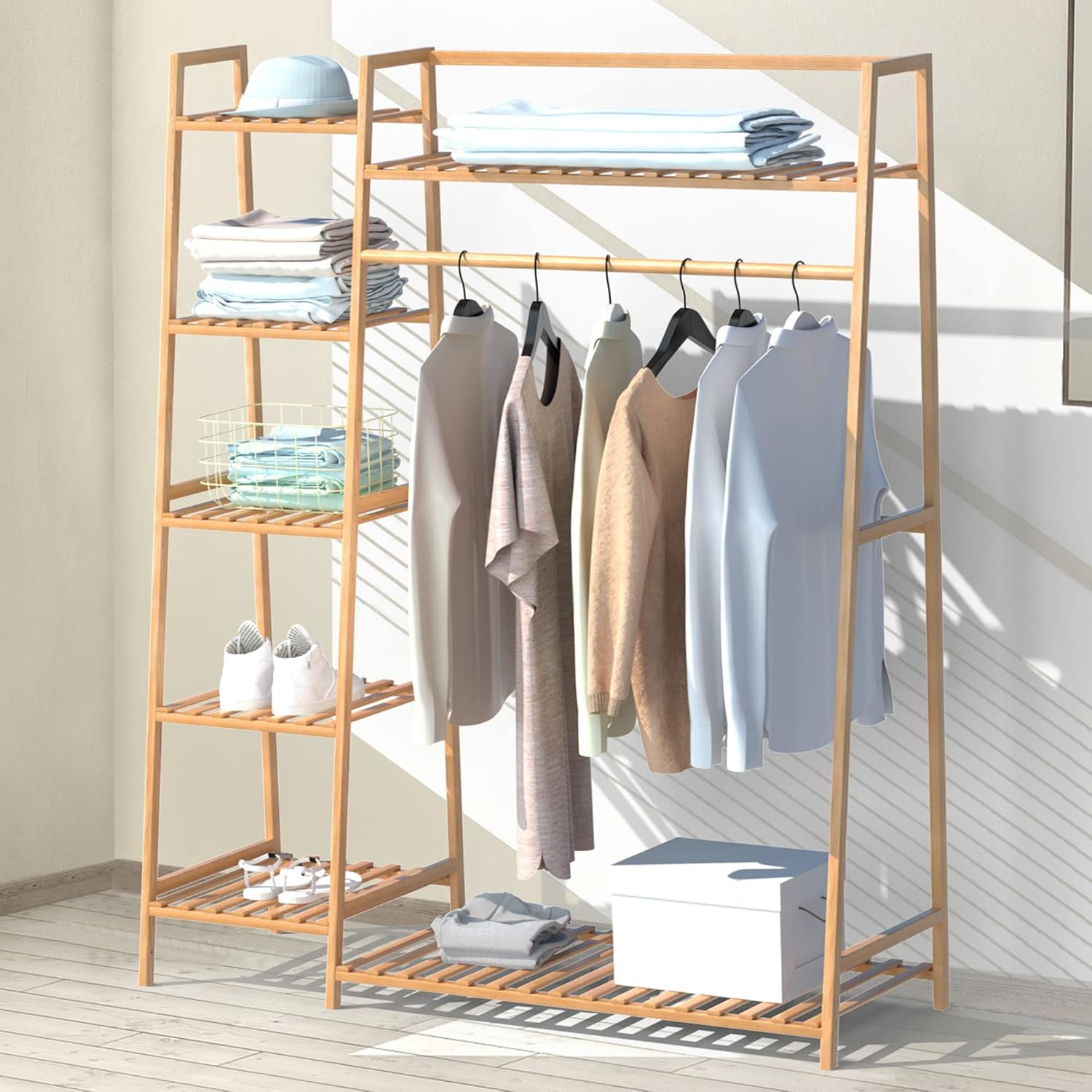 Bamboo Clothing Garment Rack Free Standing Clothes Coat Hanger Closet ...