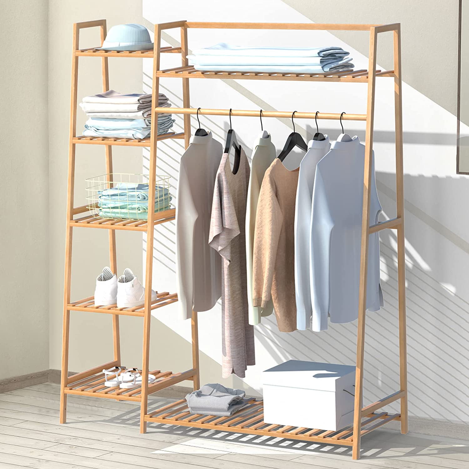 Bamboo Clothing Garment Rack,Free Standing Clothes Coat Hanger,Closet ...