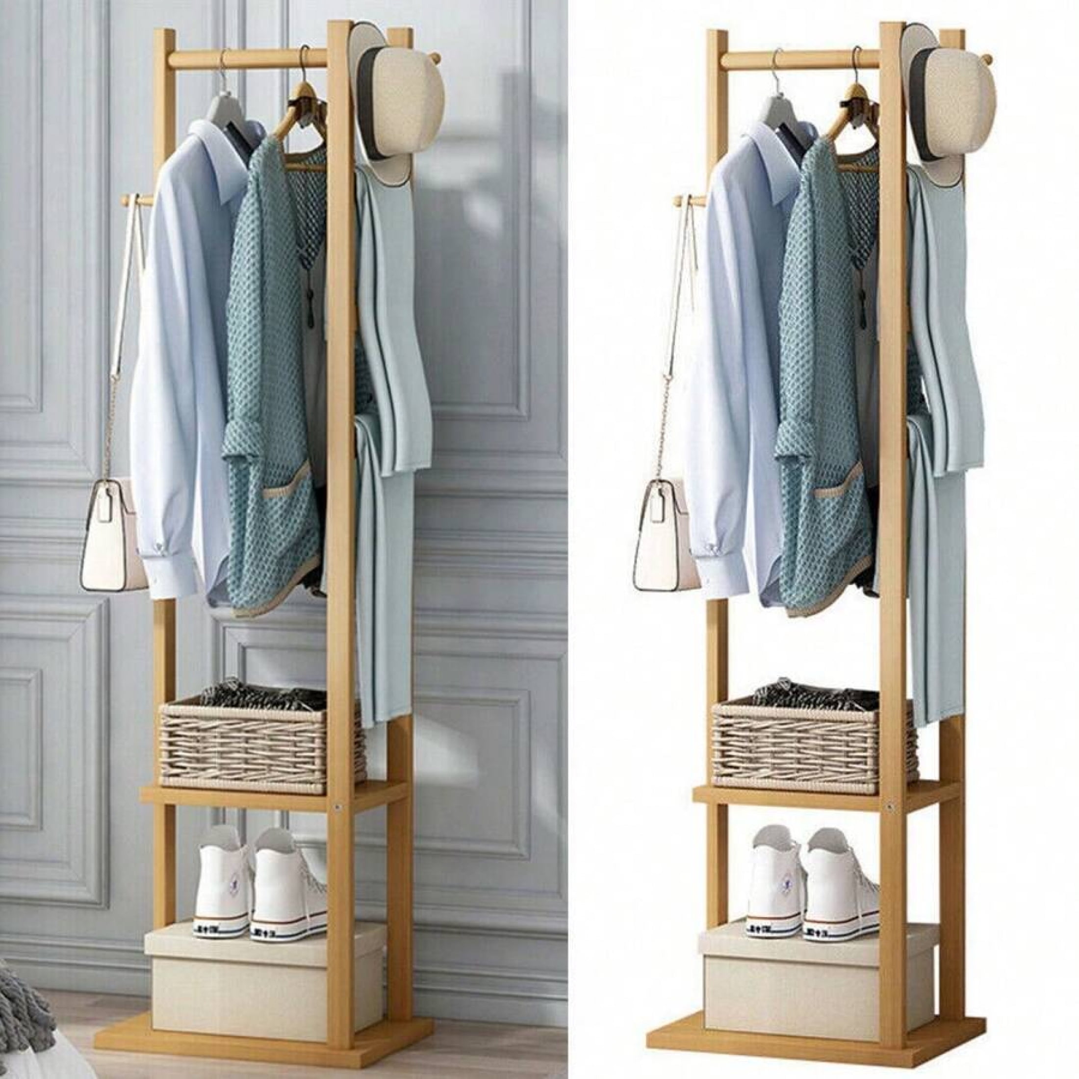 Bamboo Clothing Rack, Corner Coat Rack Stand Hall Trees Free Standing ...