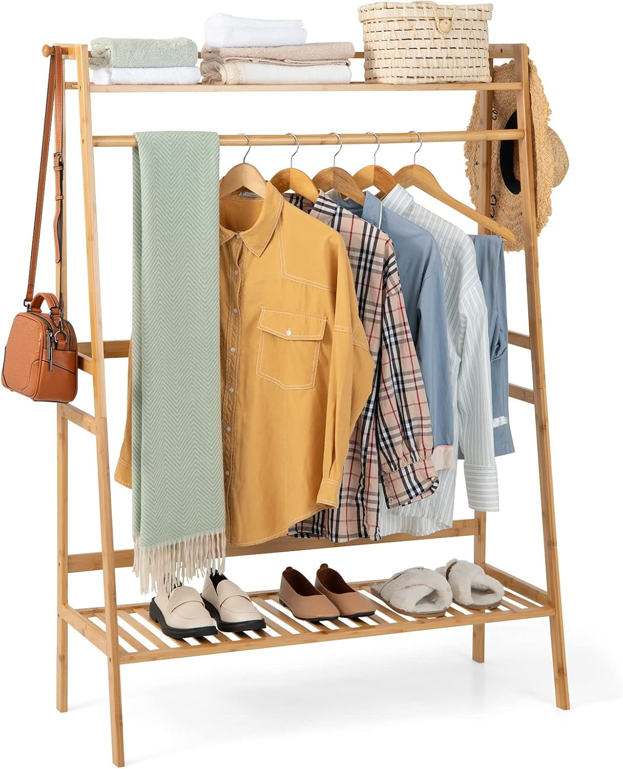 Bamboo Clothing Rack with Storage Shelves, Freestanding Garment Rack ...