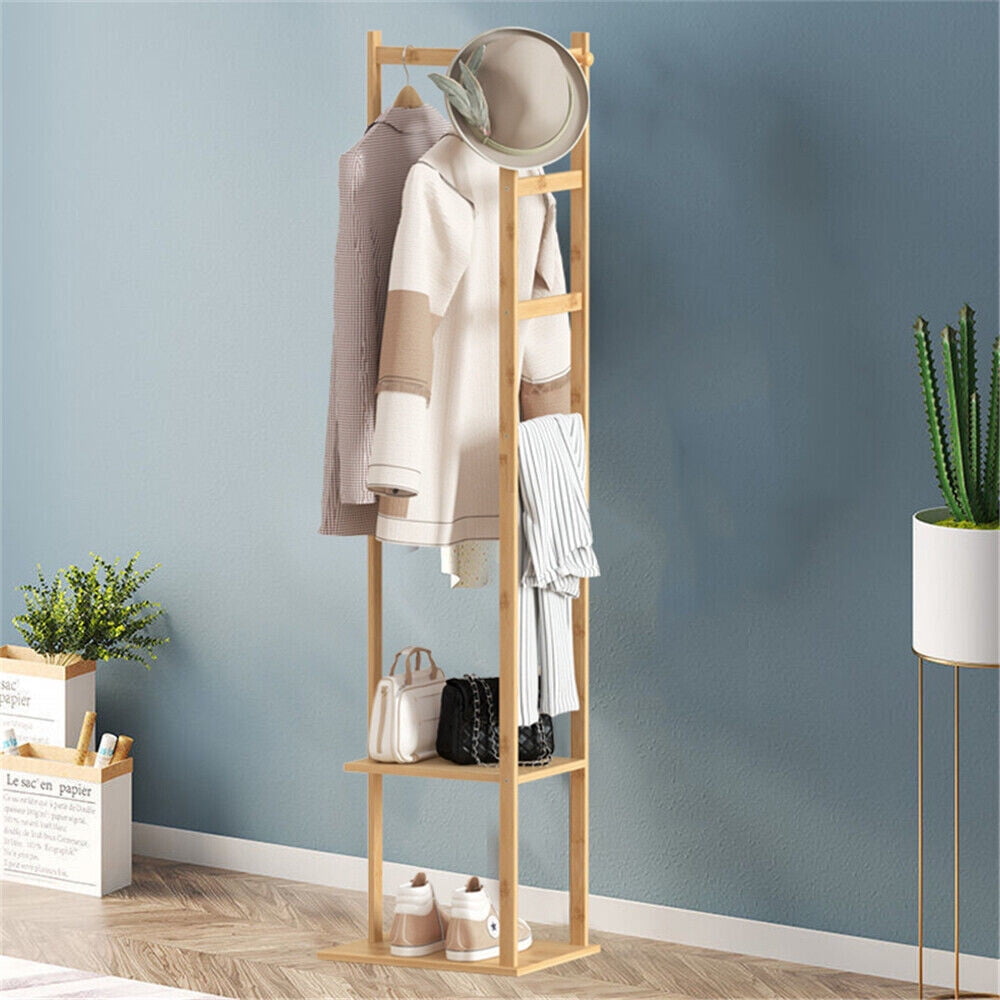 Bamboo Coat Rack Hat Stand Tree Clothes Hanger Umbrella Holder Metal ...