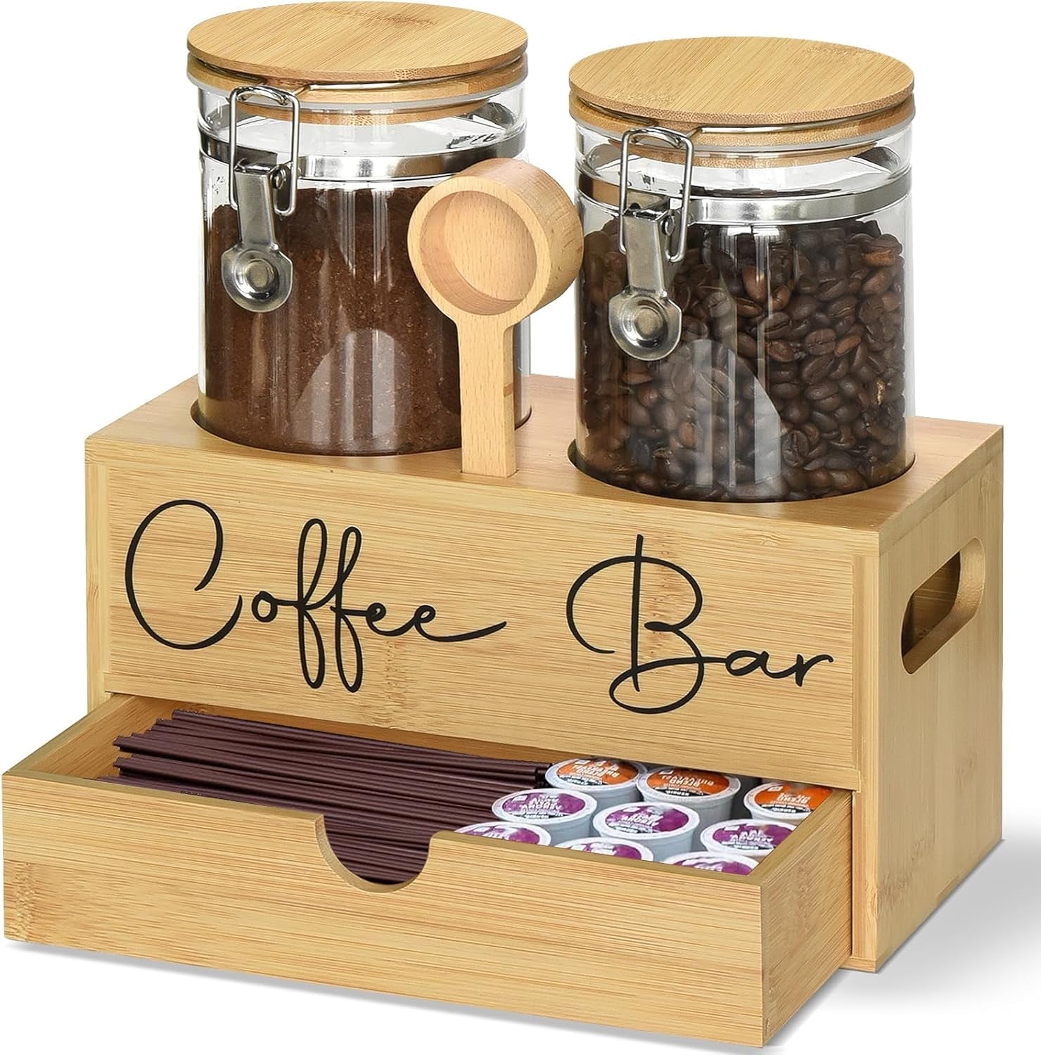 Bamboo Coffee Containers with Shelf, Coffee Station Organizer,Glass ...