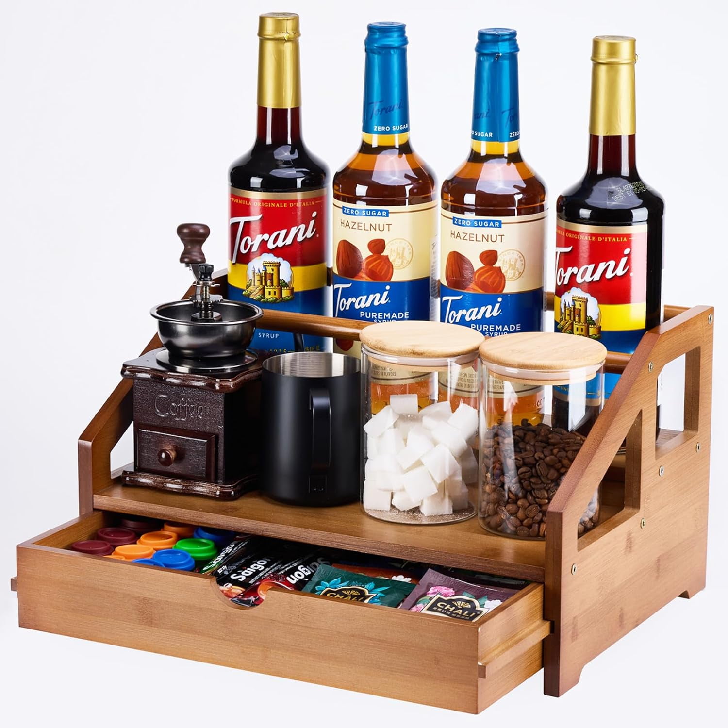 Bamboo Coffee Syrup Rack Organizer 3 Tier Coffee Syrup Rack with Cup ...