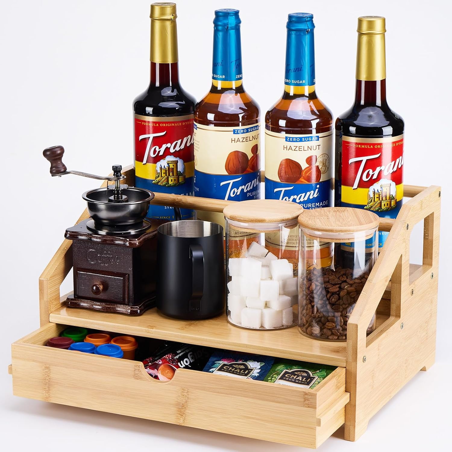 Bamboo Coffee Syrup Rack Organizer 3 Tier Rack with Cup Storage Box ...