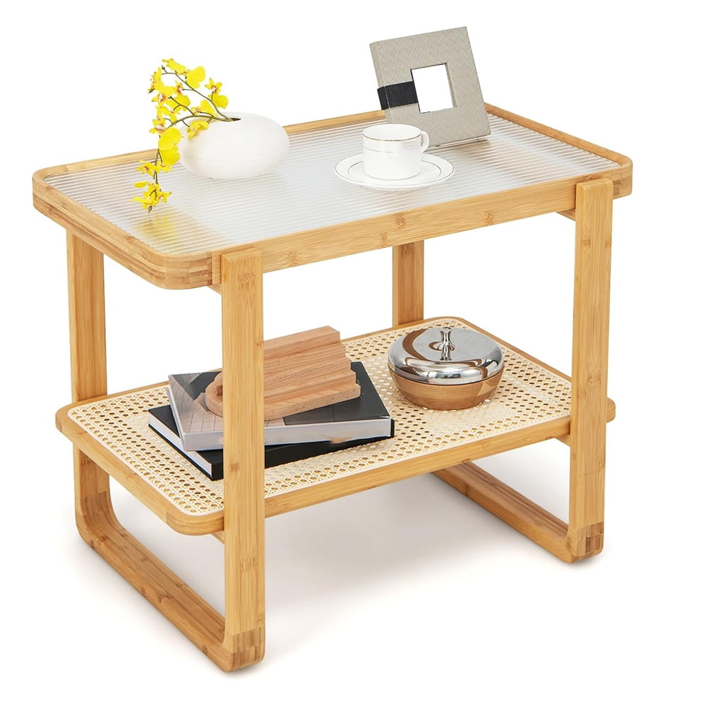 Bamboo Coffee Table, 2-Tier Rectangular Coffee Table with Handwoven Rattan Storage Shelf, Modern ...