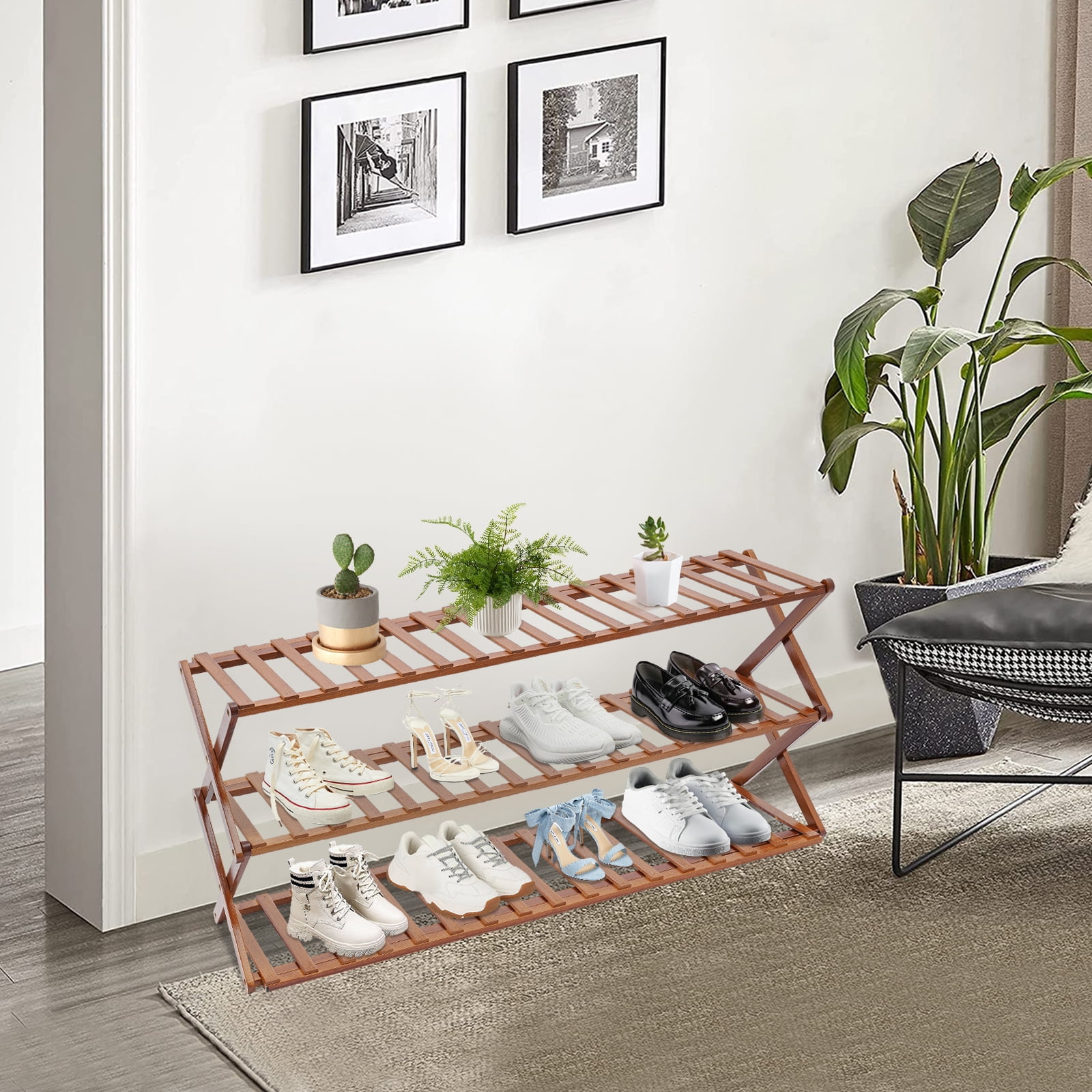 Bamboo Collapsible Shoe Rack with 3 Tiers, Foldable Design, Natural ...