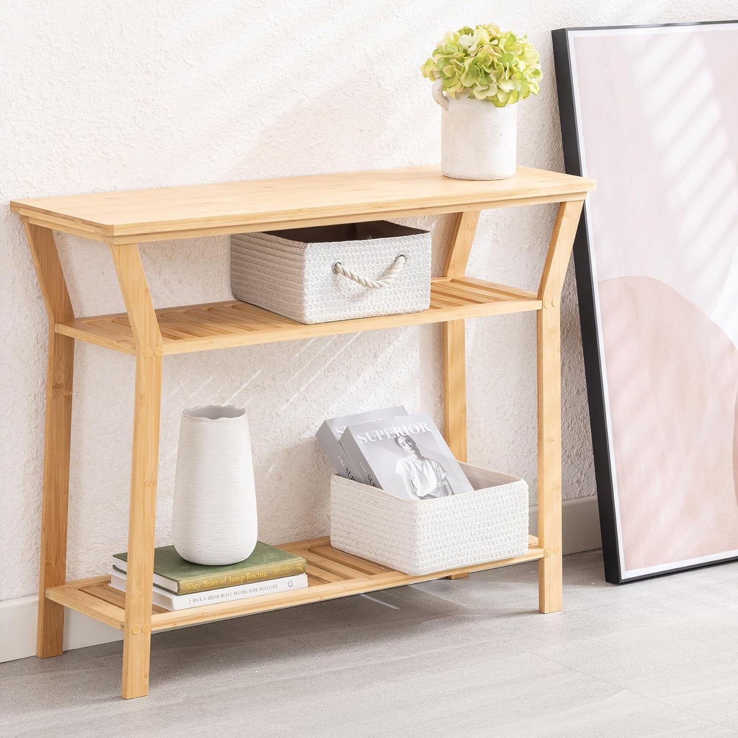 Bamboo Console Table Behind Couch, Entryway Table with Shelves, 3 Tier ...