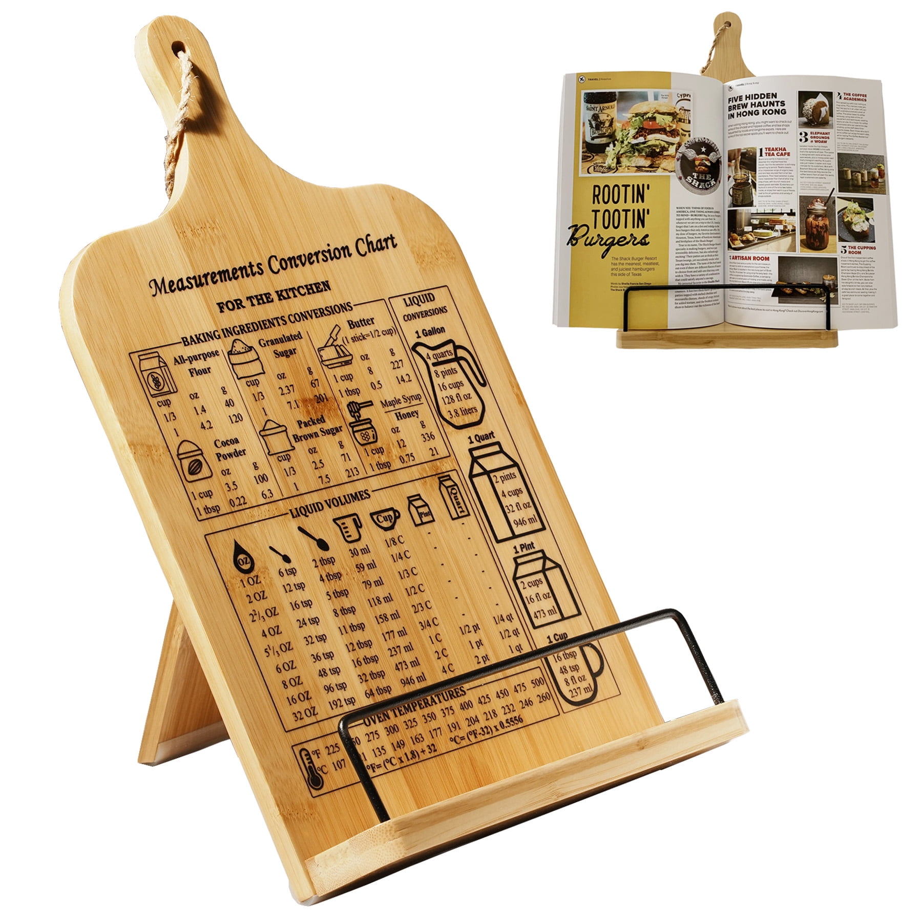 Bamboo Cookbook Stand with Measurement Conversion Chart,Adjustable ...