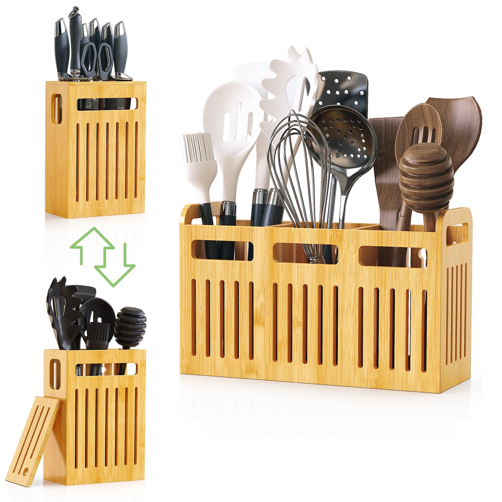 Bamboo Cooking Utensil Holder Set, Large Utensil Organizer with ...