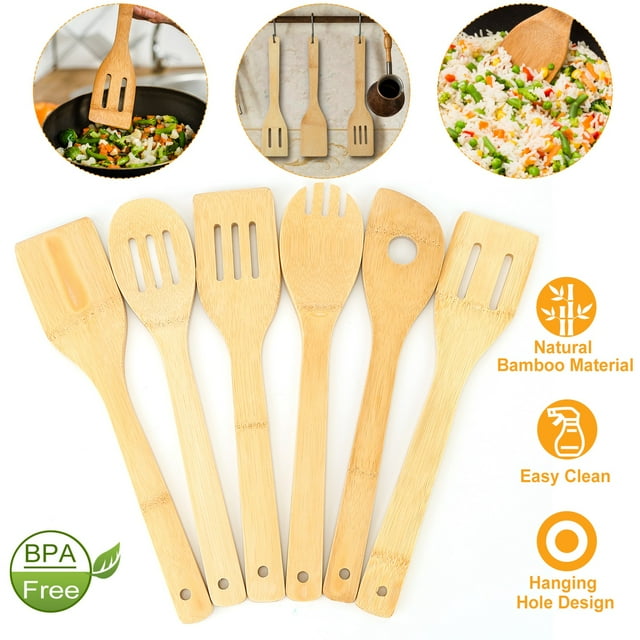 Bamboo Cooking Utensils Set, iMountek 6 pcs Wooden Spoons & Spatula ...