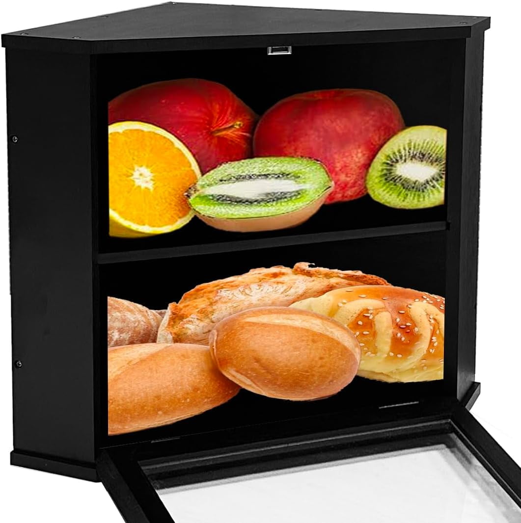 Bamboo Corner Bread Box - Black Bread Box for Kitchen Countertop with ...