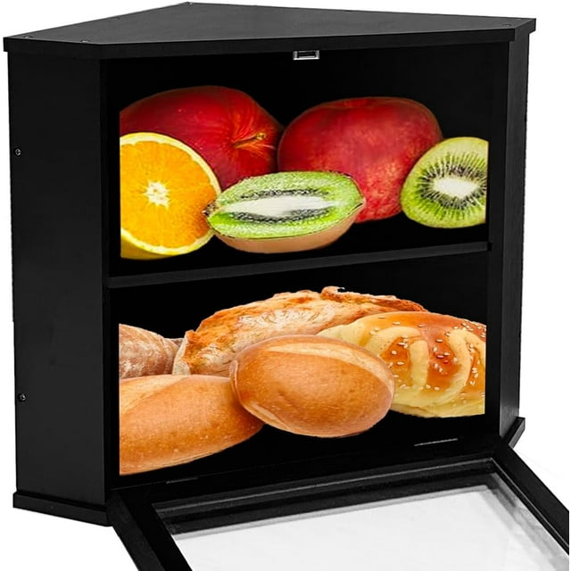 Bamboo Corner Bread Box - Black Bread Box for Kitchen Countertop with ...
