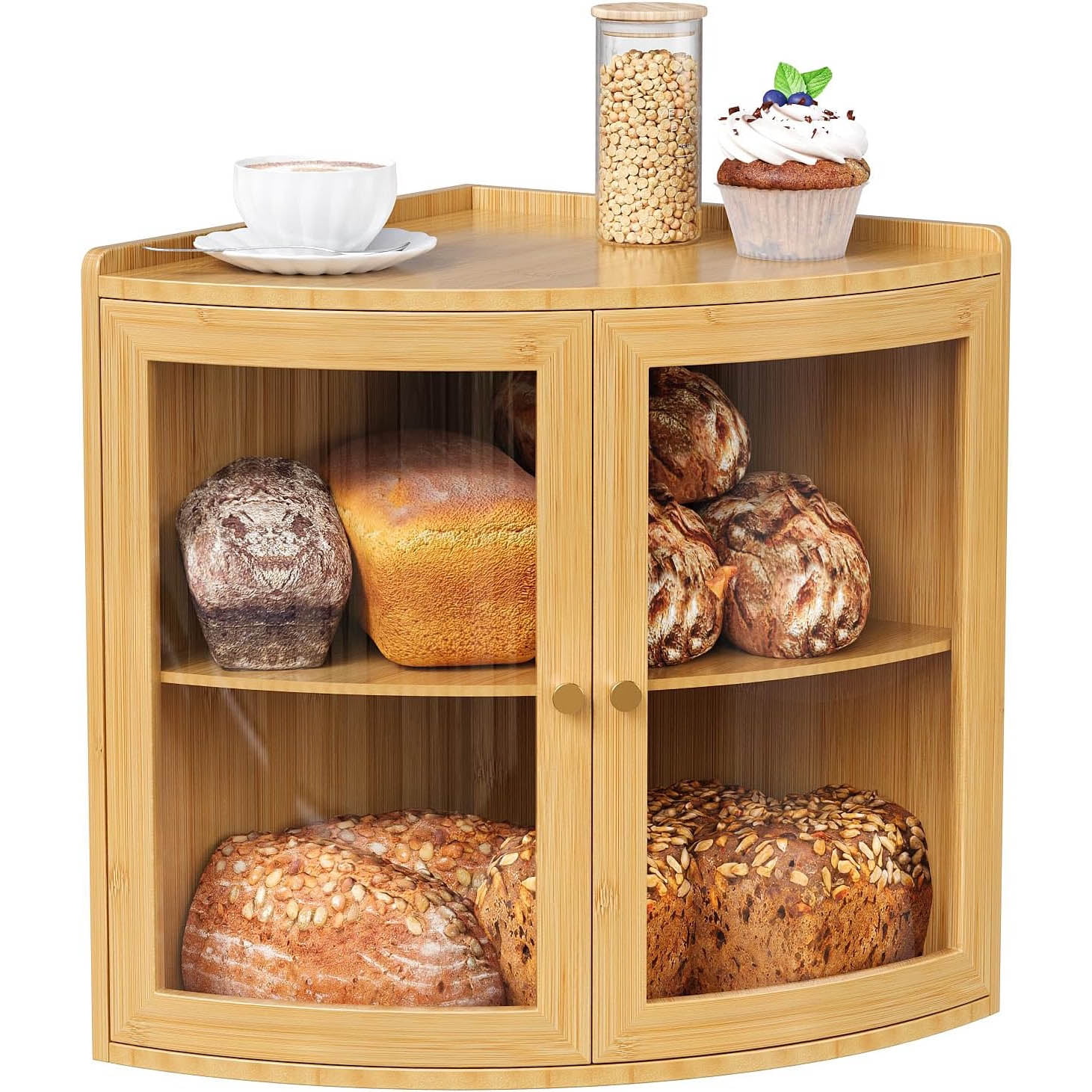 Bamboo Corner Bread Box with Acrylic Transparent Door Large Capacity ...