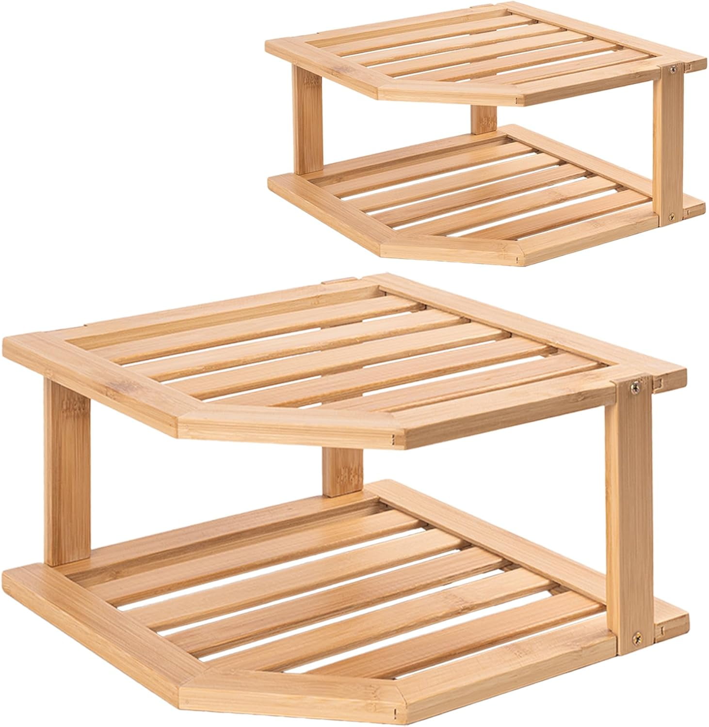 Bamboo Corner Shelf(2 Pack),2 Tier Plate Organizer for Cabinet and ...