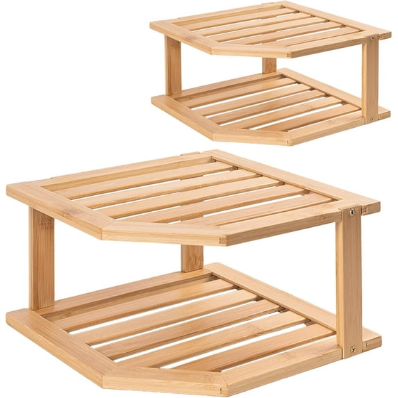 Bamboo Corner Shelf(2 Pack),2 Tier Plate Organizer for Cabinet and ...
