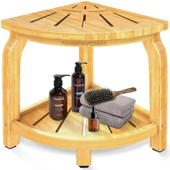 Bamboo Corner Shower Stool for Shaving Legs Foot Rest, Waterproof Bath ...