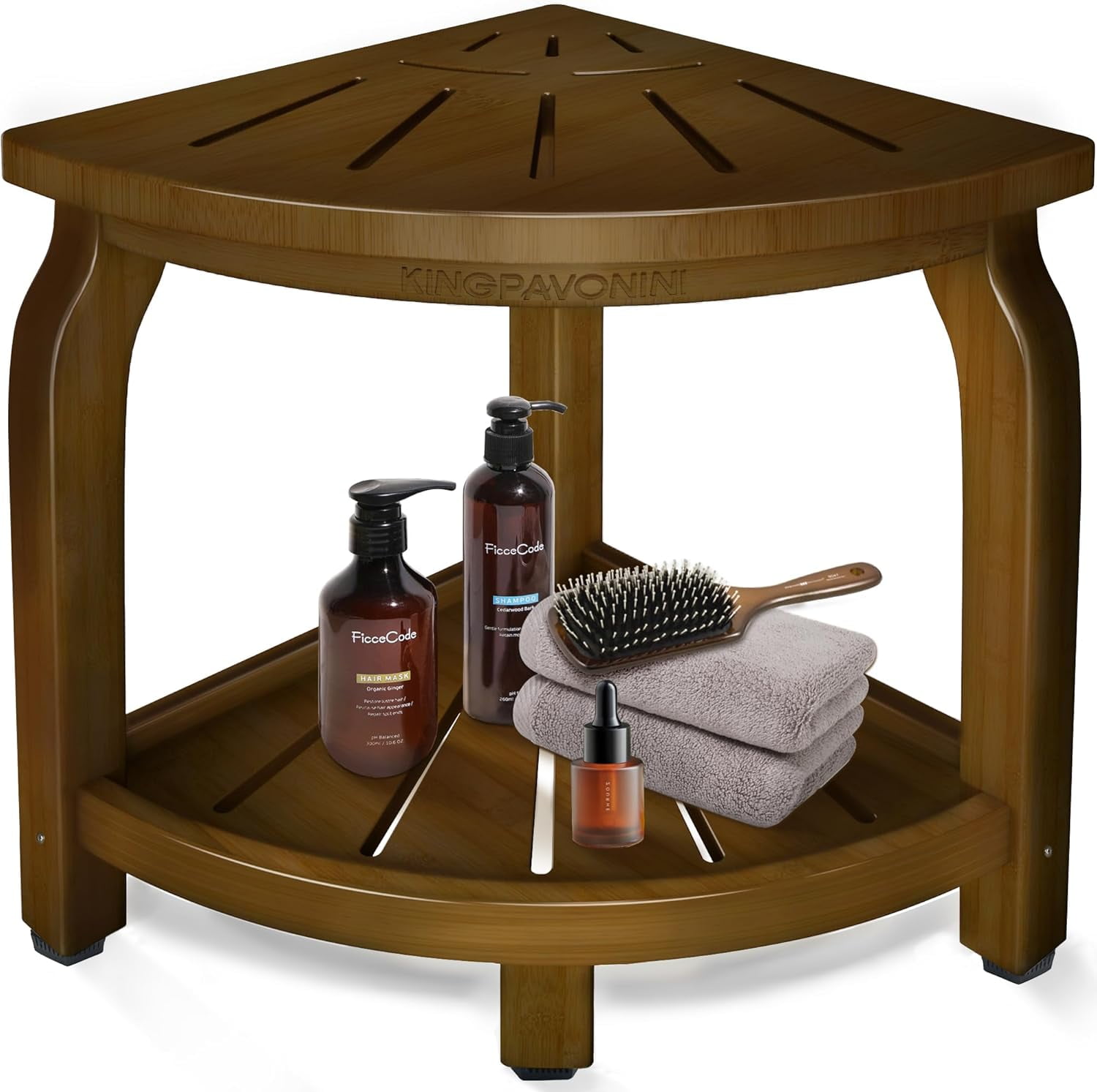 Bamboo Corner Shower Stool for Shaving Legs Foot Rest, Waterproof Bath Bench Seat with Storage ...