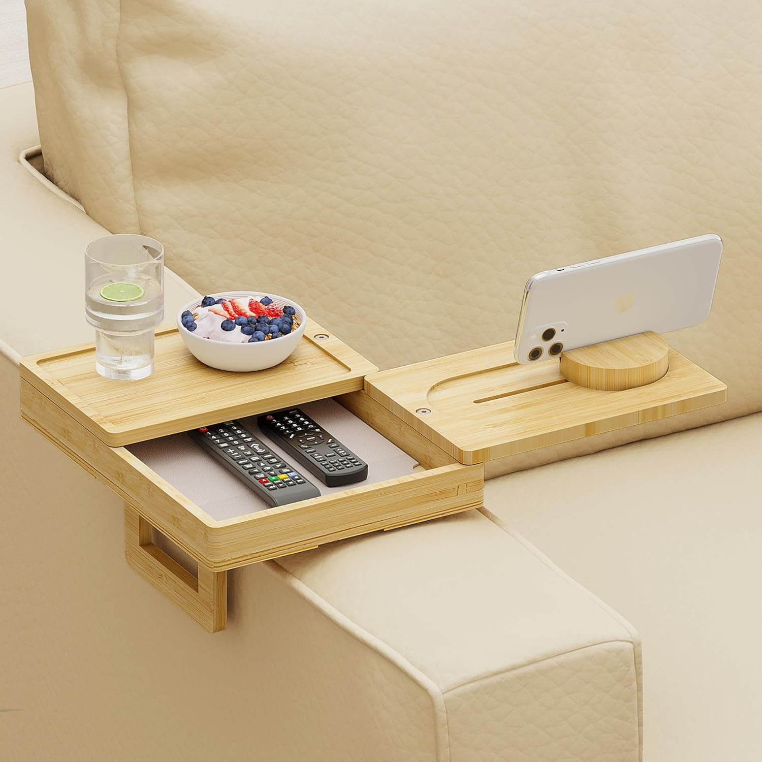 Black Couch Arm Tray with 2 Rotatable Tray, Adjustable Sofa Arm Clip ...