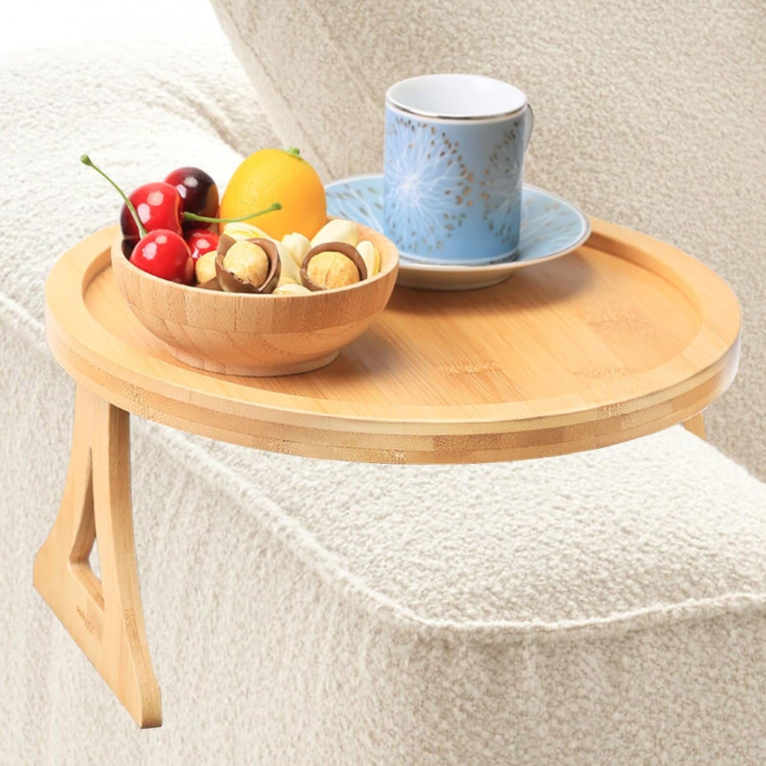 Bamboo Couch Arm Tray, Round Sofa Arm Tray Table Clip on Side Table for ...