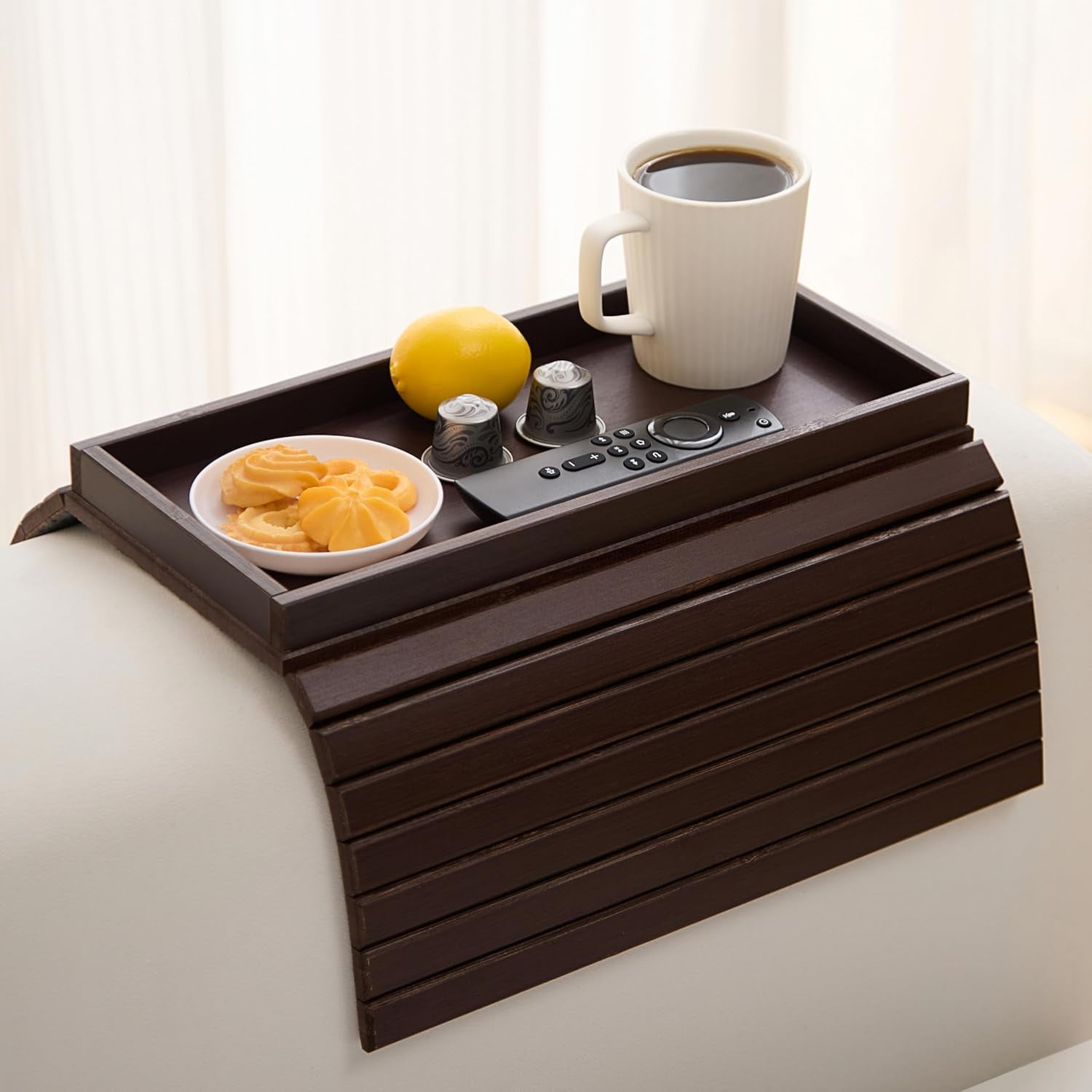Bamboo Couch Arm Tray Table, Foldable Sofa Armrest Tray Table for Couch ...