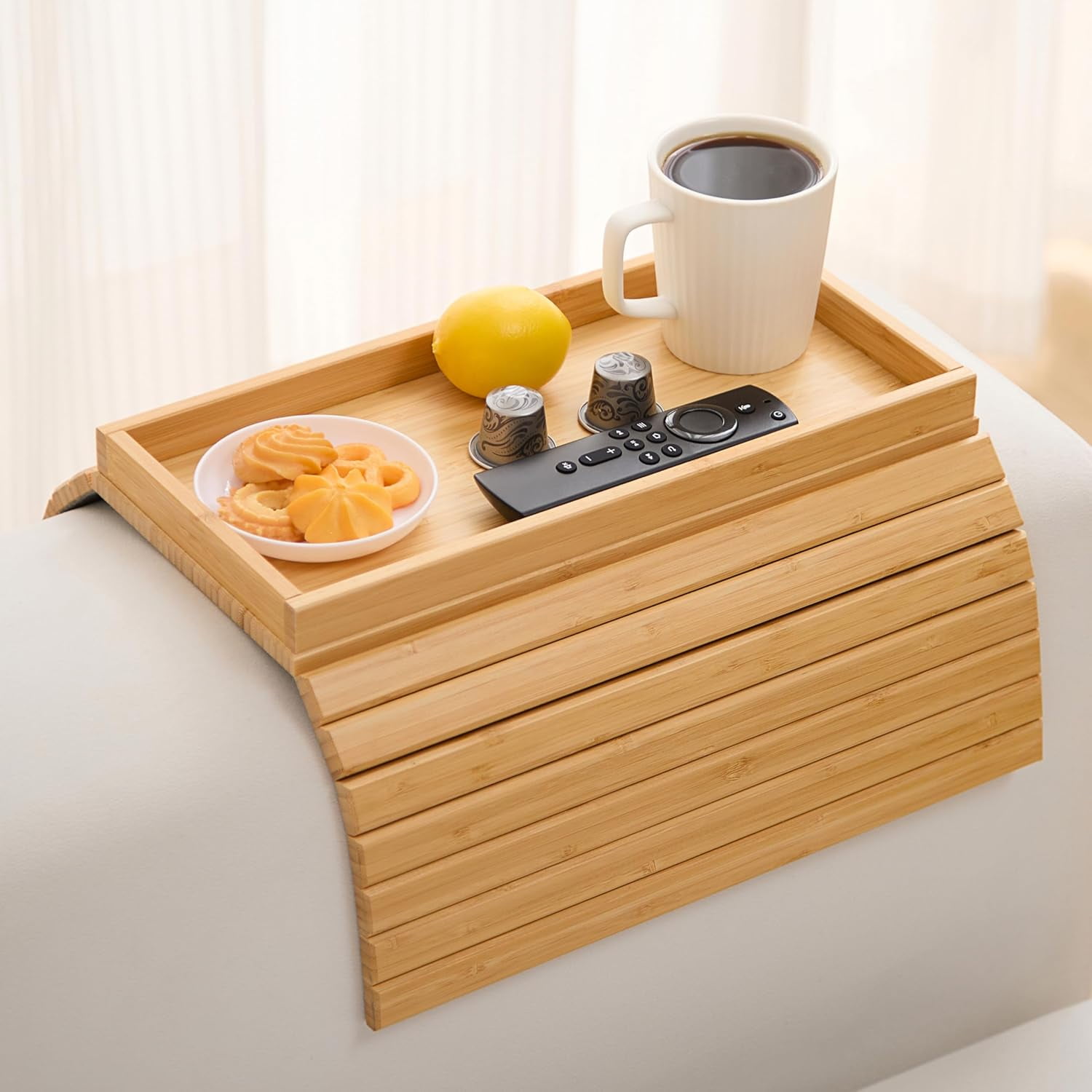 Bamboo Couch Arm Tray Table, Foldable Sofa Armrest Tray Table for Couch ...
