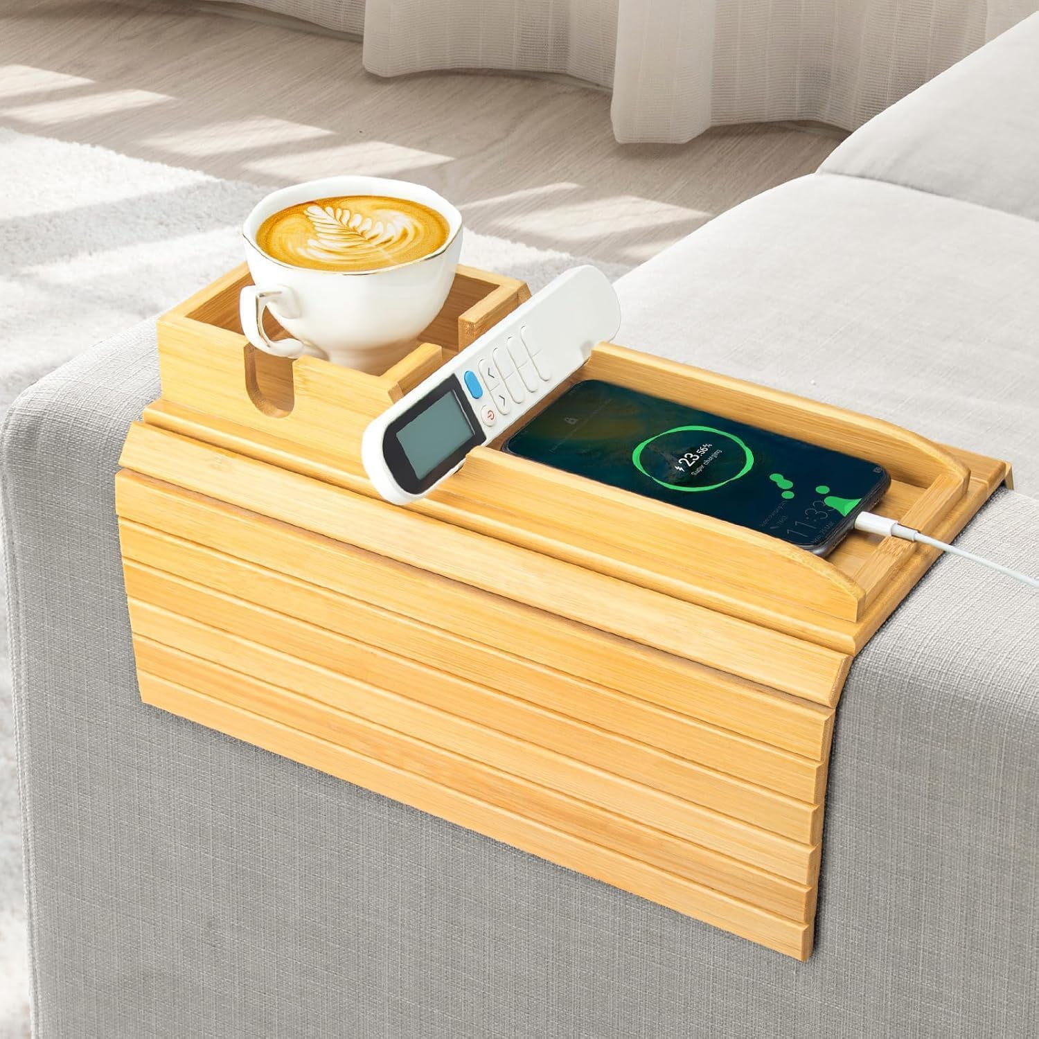 Bamboo Couch Armrest Table, Couch Arm Tray with Removable Couch Cup ...