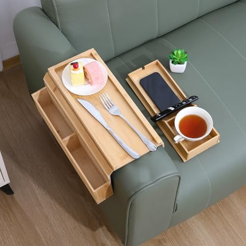 Bamboo Couch Armrest Table, Foldable Sofa Arm Tray with Detachable Cup ...
