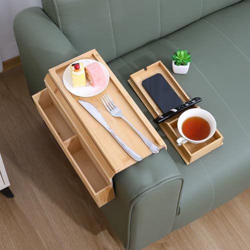 Bamboo Couch Armrest Table, Foldable Sofa Arm Tray with Detachable Cup ...