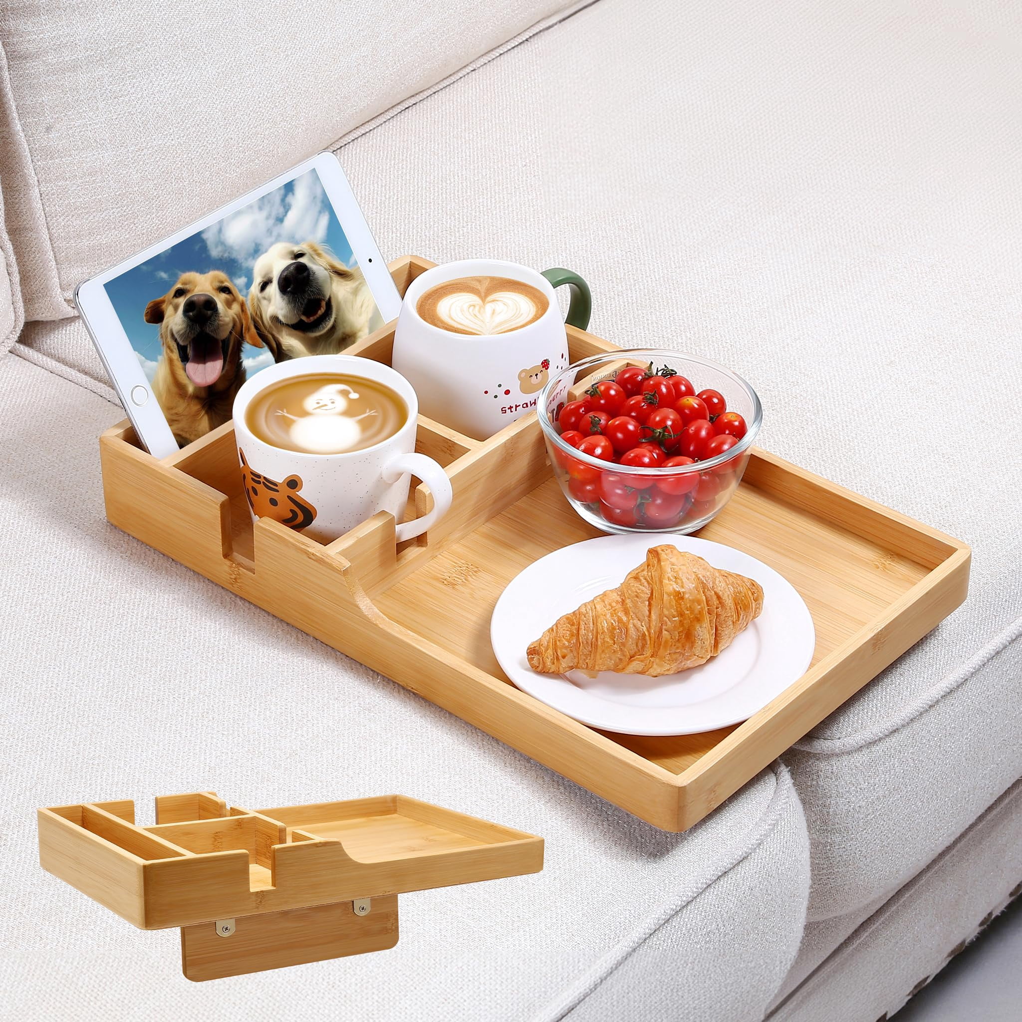 Bamboo Couch Tray 2-in-1 Flat Sofa Organizer For Snacks Drinks Remotes ...