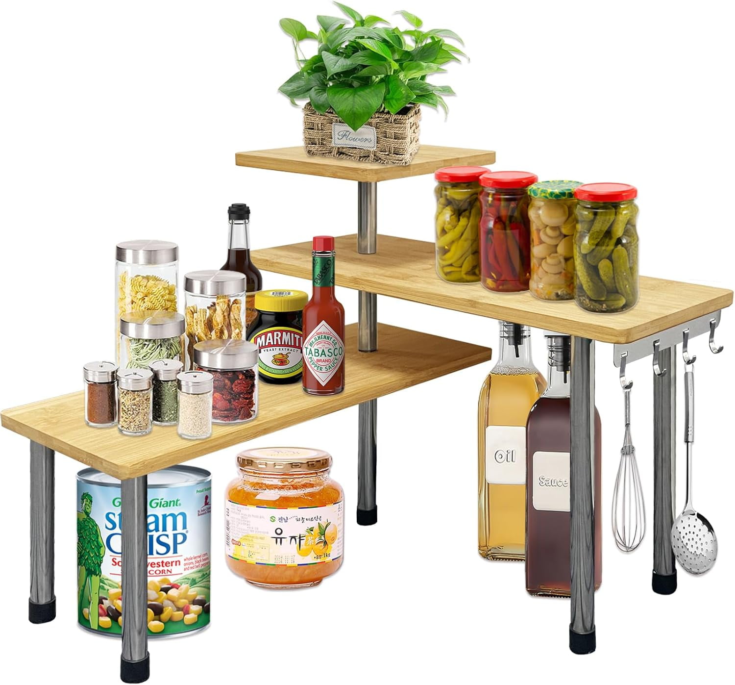 Bamboo Countertop Corner Shelf, 3 Tier Spice Rack Moveable Organizer ...