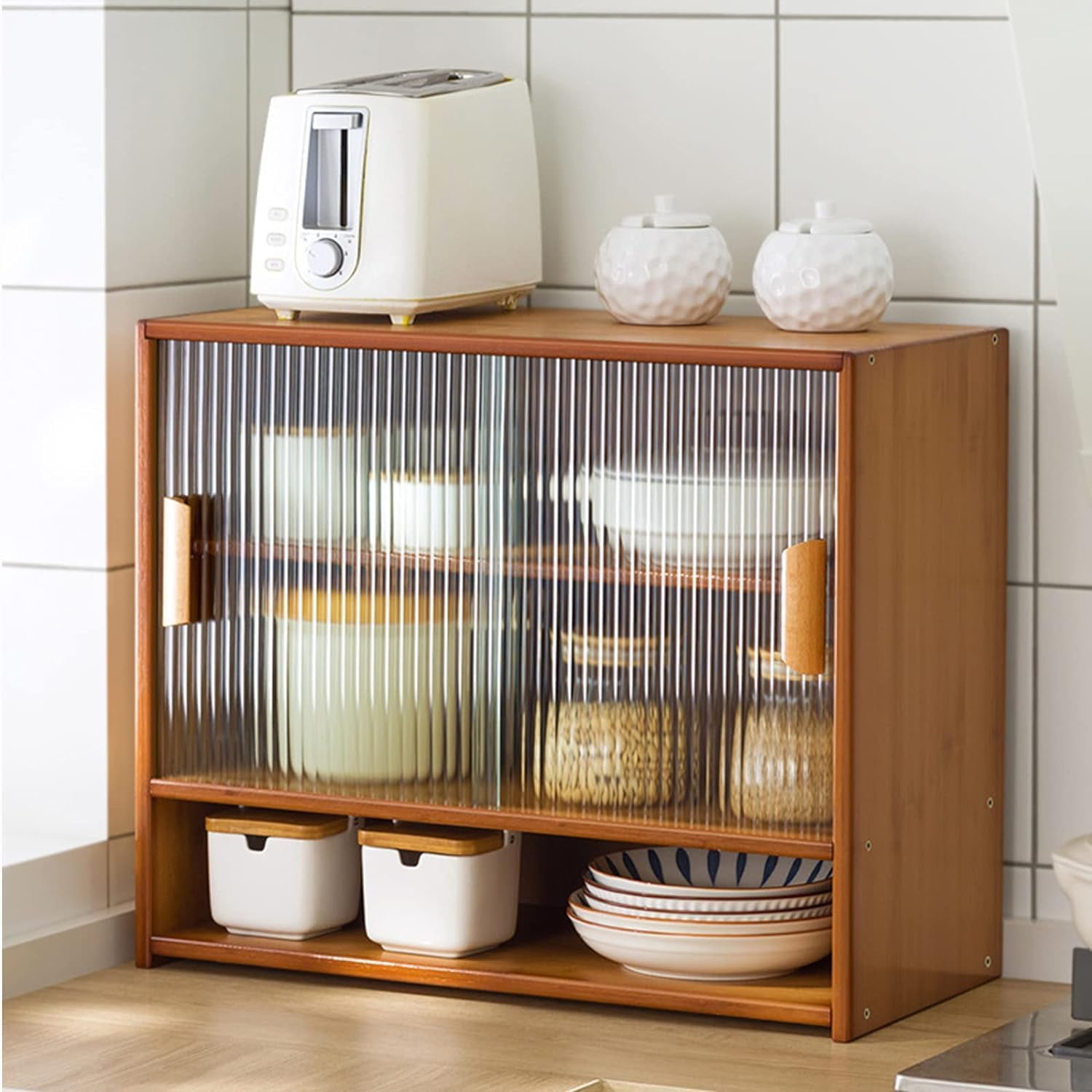 Bamboo Countertop Storage Cabinet with 2 Sliding Striped Glass Doors ...