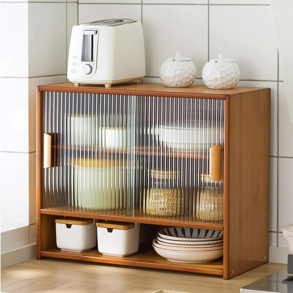 Bamboo Countertop Storage Cabinet with 2 Sliding Striped Glass Doors ...