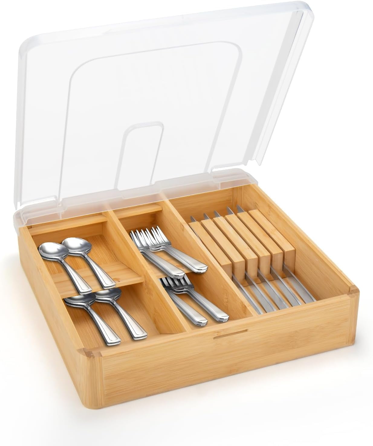 Bamboo Cutlery Organizer: With Transparent Lid for Classified Storage ...