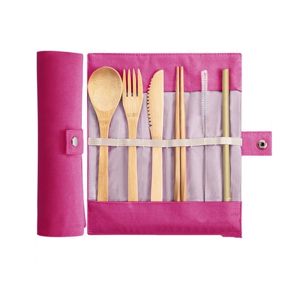 Bamboo Cutlery Set, 7-Piece Reusable Travel Utensils with Straw & Carry ...