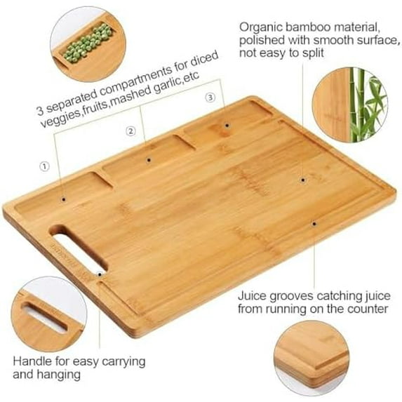 Bamboo Cutting Board With 3 Built-In Compartments And Juice Grooves ...