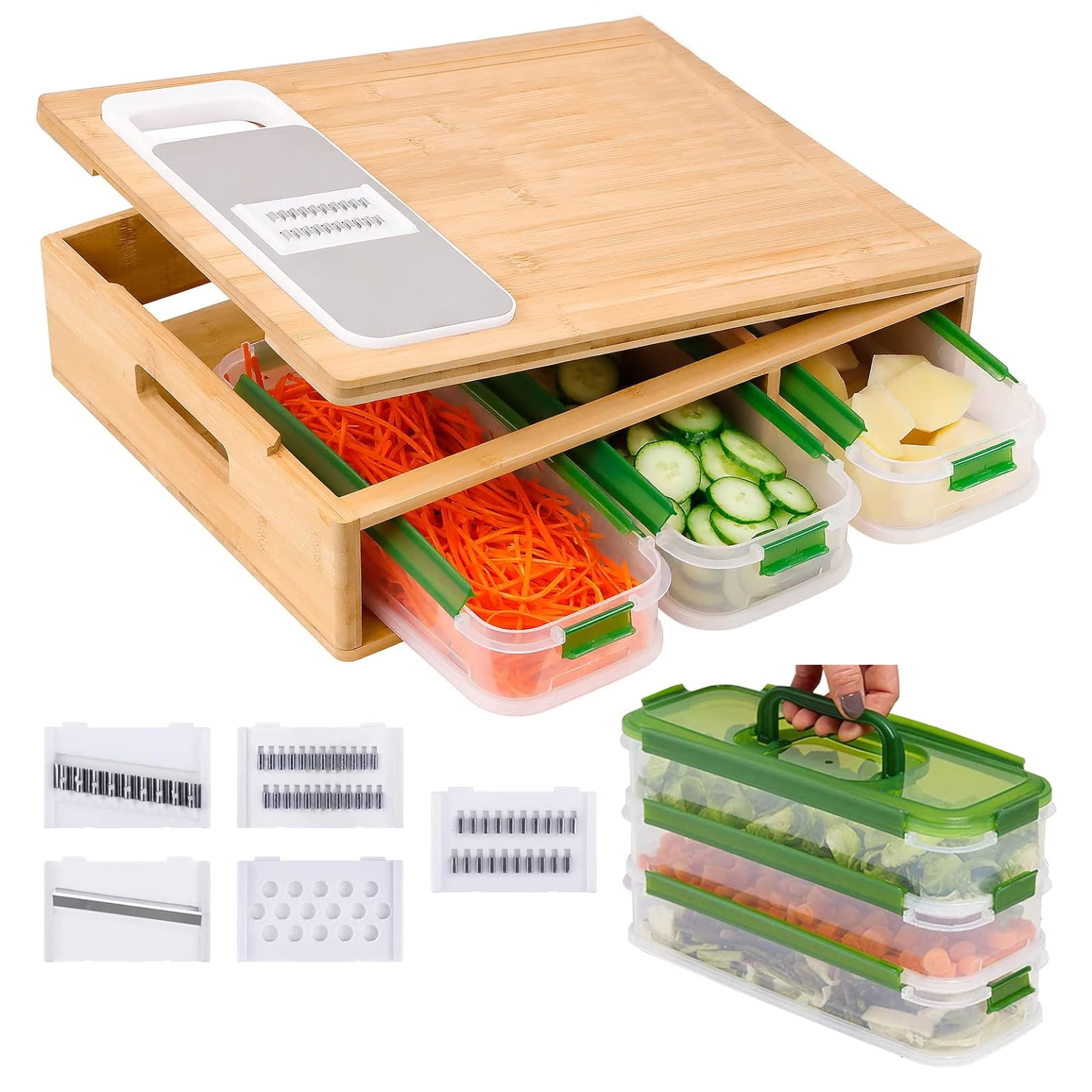 Bamboo Cutting Board with Containers & Graters, Large Removable ...