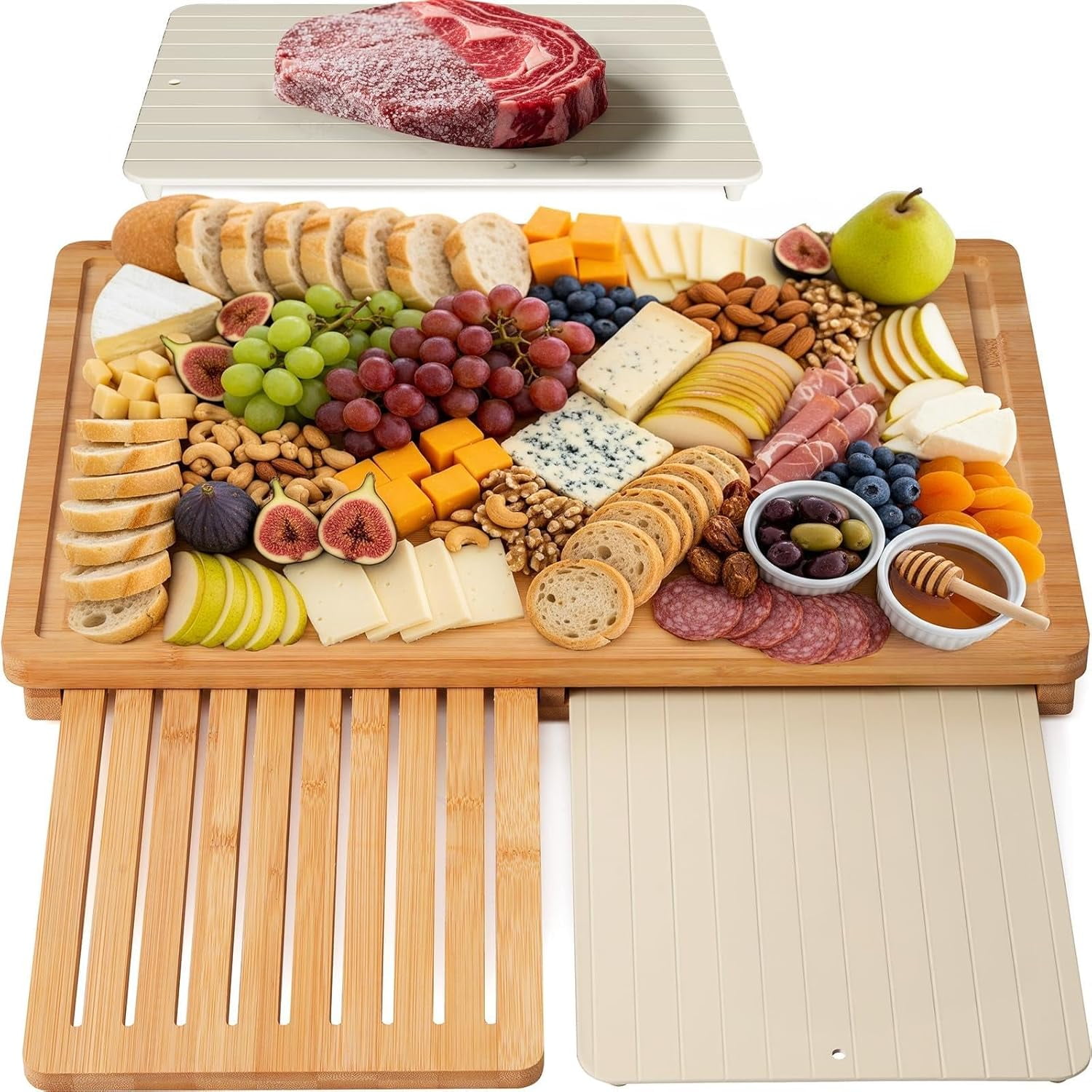 Bamboo Cutting Board Set with Defrosting Tray, Wood Cutting Boards for Kitchen with Deep Juice ...
