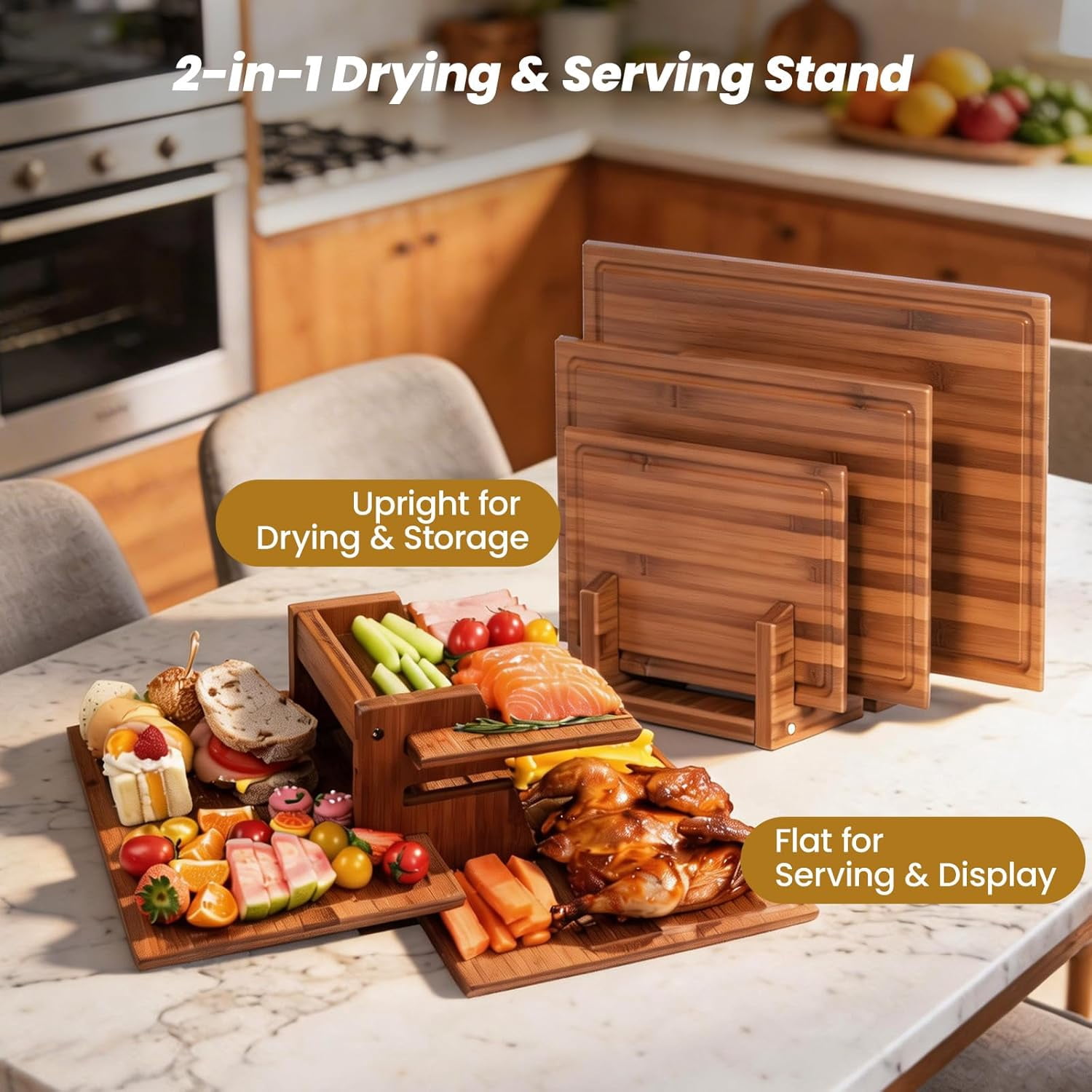 Bamboo Cutting Board Set of 3,Stand & Juice Grooves, Ideal for Meat ...