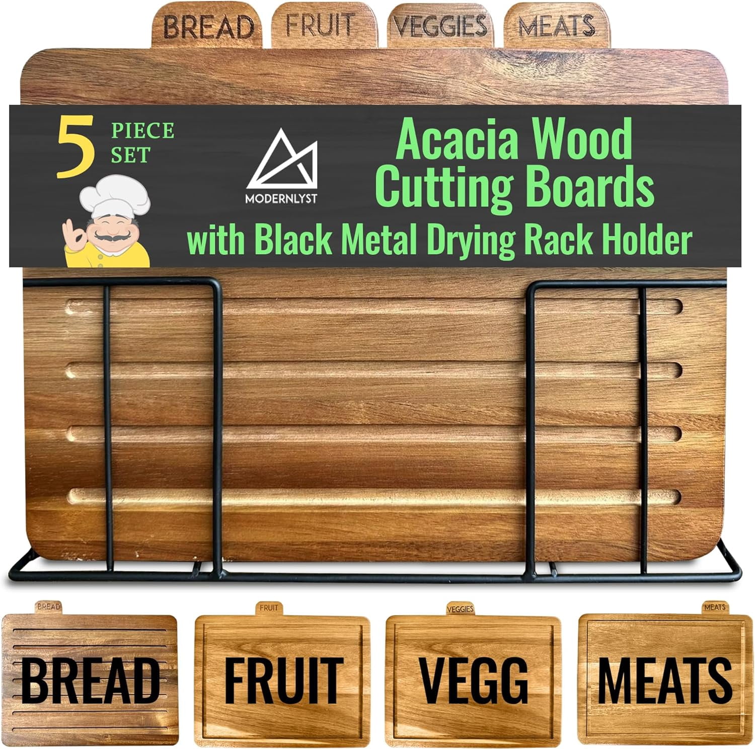 Bamboo Cutting Boards for Kitchen with Holder Stand 13" x 11" Set of 4 ...