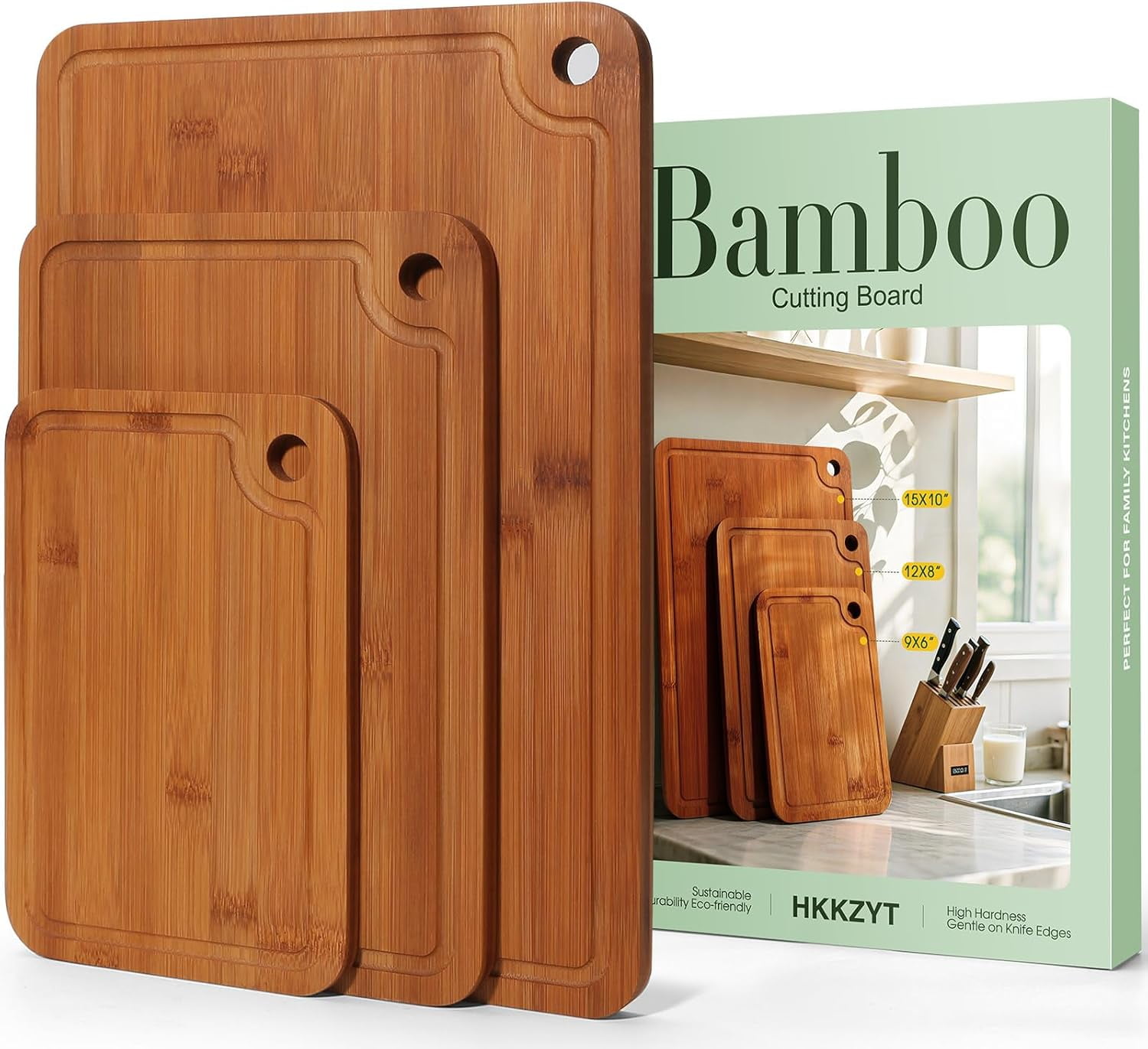 Bamboo Cutting Boards for Kitchen Set of 3, Wooden Cutting Board Non ...