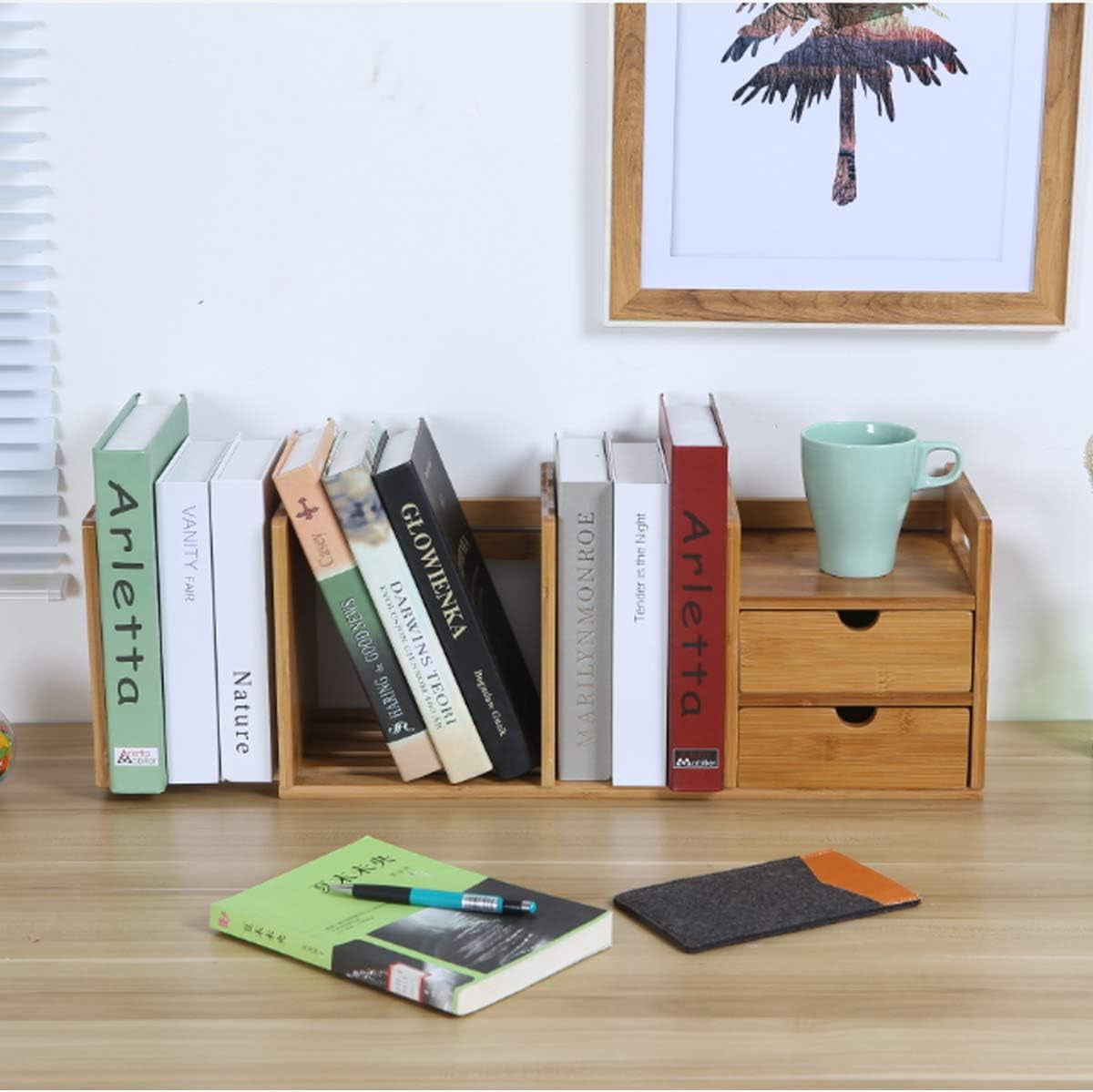 Bamboo Desk Bookshelf Expandable Desktop Organizer Table Top Bookcase ...
