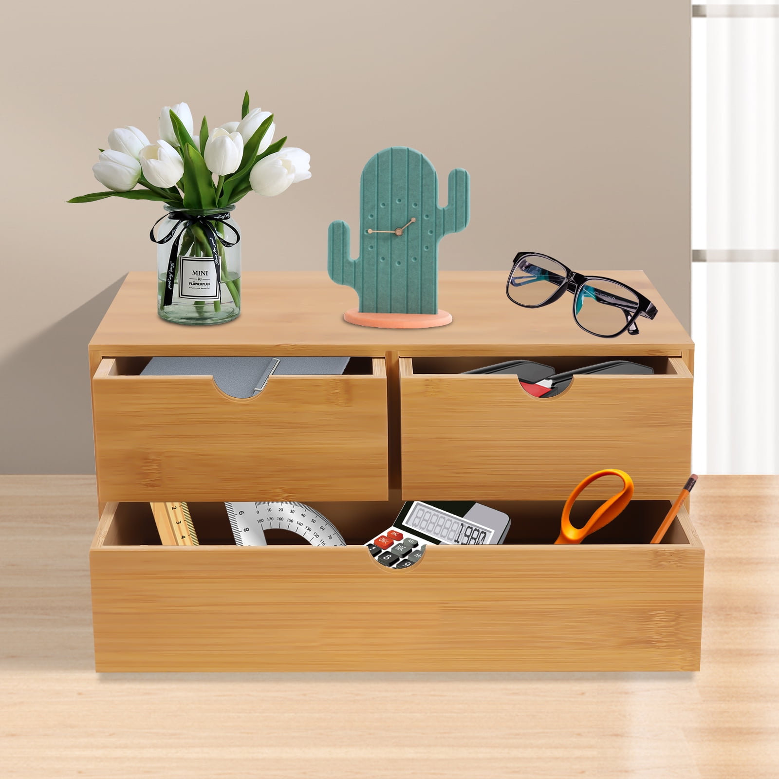 Bamboo Desk Organizer W/3-Drawer Tabletop Storage Box No Assembly ...