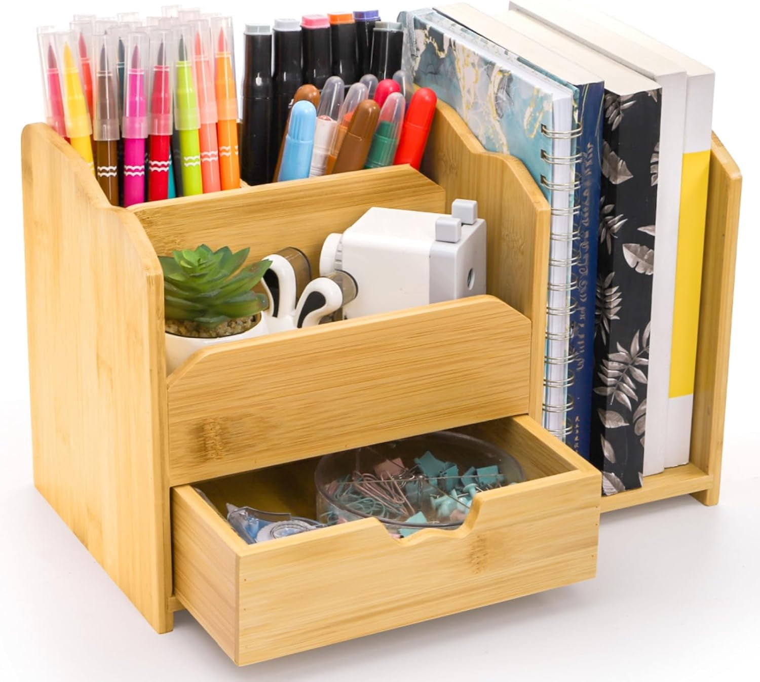 Bamboo Desk Organizer With Drawer And 5 Compartments, Office Supplies ...